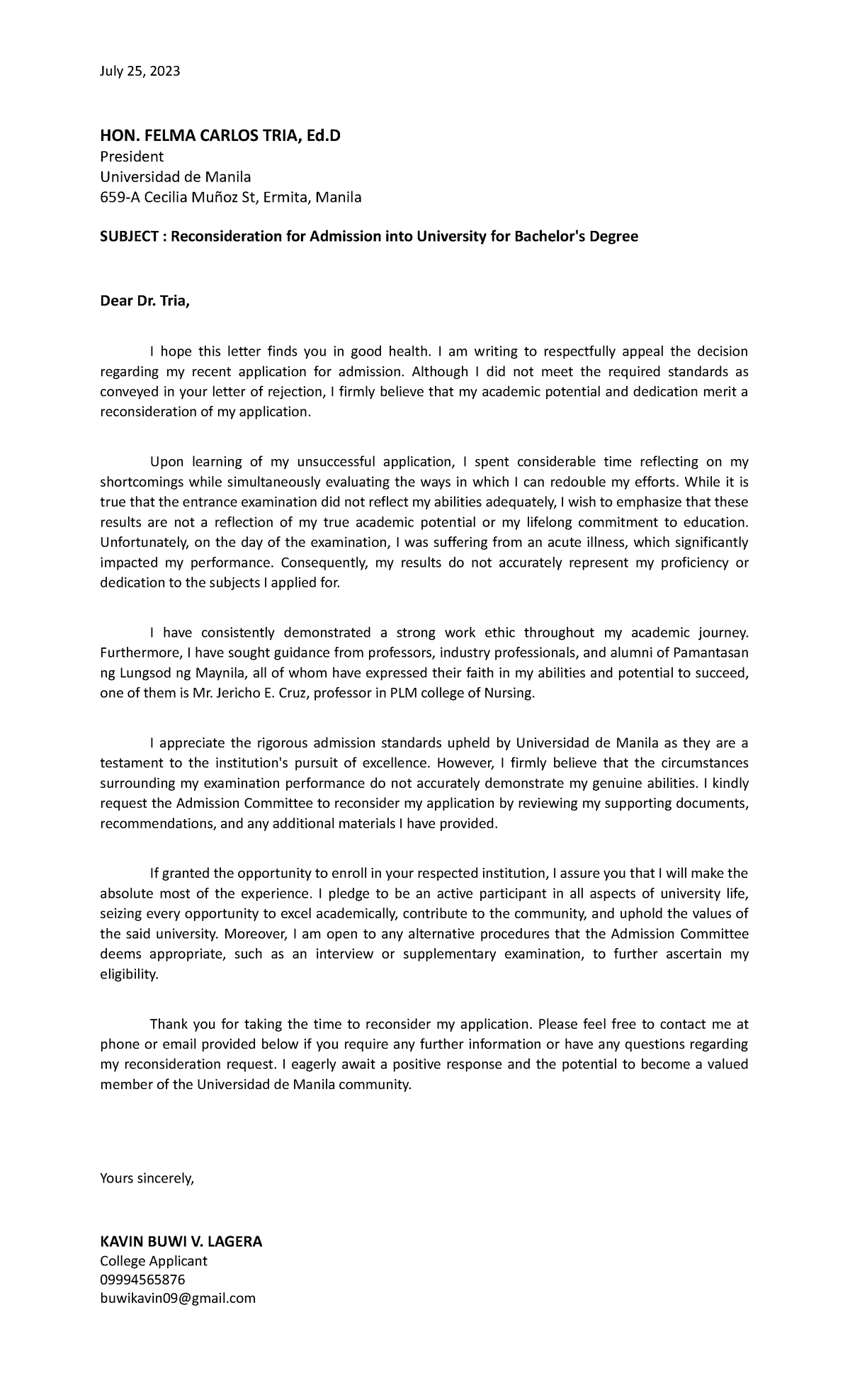 Reconsideration letter - July 25, 2023 HON. FELMA CARLOS TRIA, Ed ...