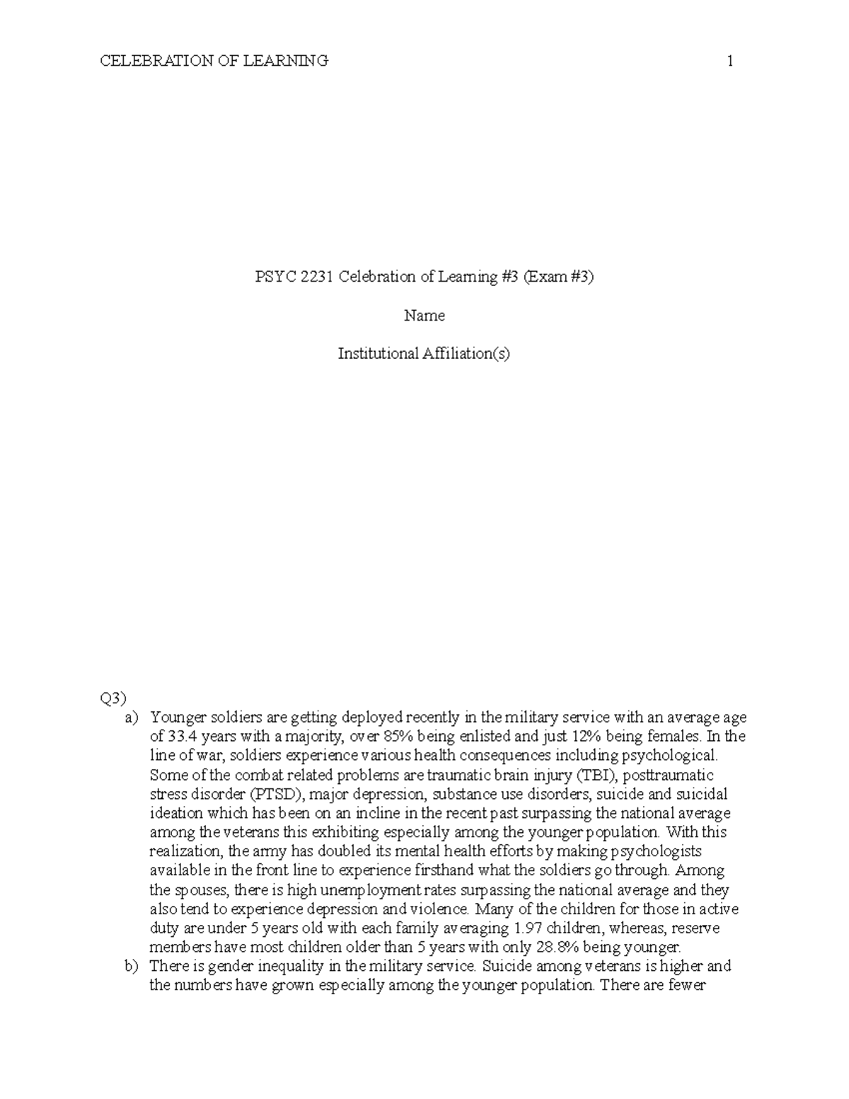 2626141 - Lab Report - PSYC 2231 Celebration of Learning #3 (Exam #3 ...