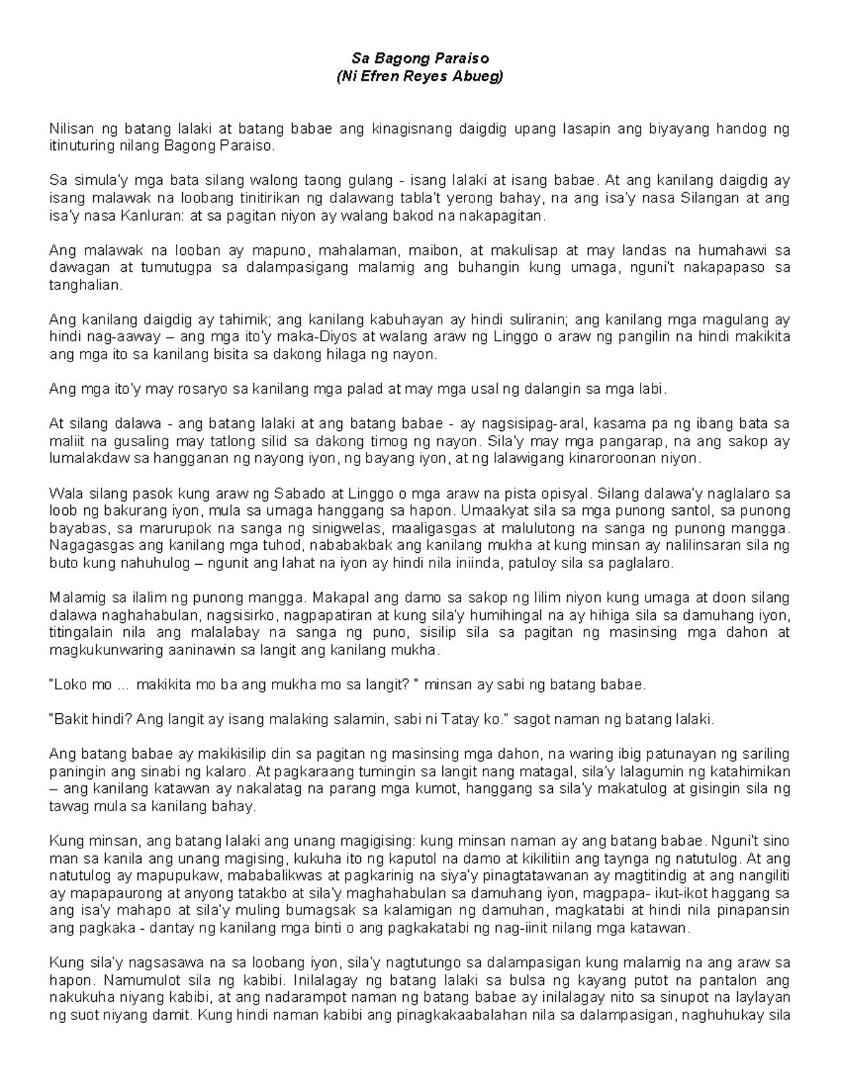 Maikling-kwento - N/A - Sa Bagong Paraiso (Ni Efren Reyes Abueg) Nilisan ng batang lalaki at ...