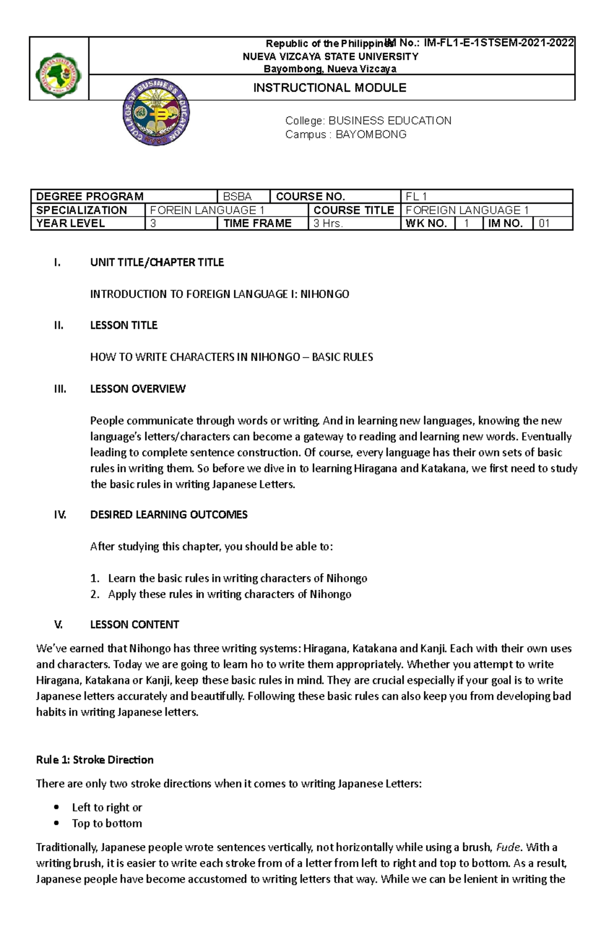 FL-Lesson-2 - Module - IM No.: IM-FL1-E-1STSEM-2021- College: BUSINESS ...