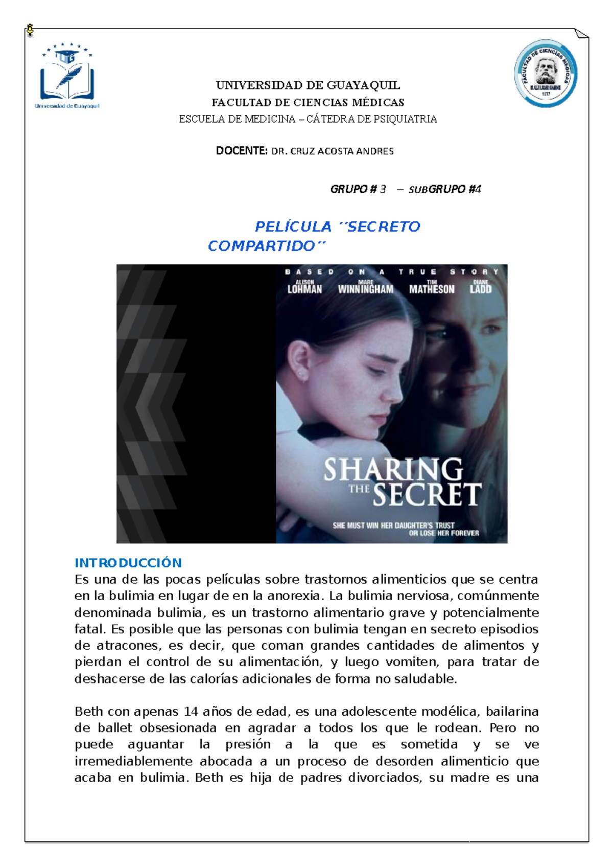 Equipo No.4 Película '' Secreto Compartido'' - UNIVERSIDAD DE GUAYAQUIL ...