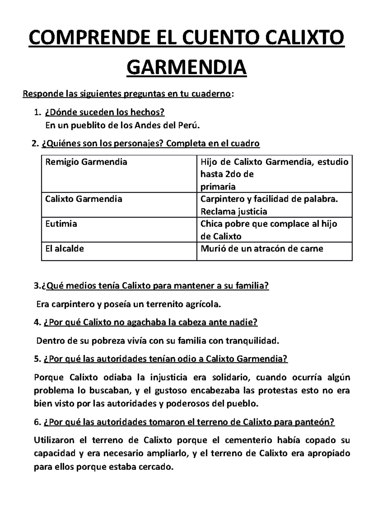 Cuento Calixto Garmendia Comunicación - COMPRENDE EL CUENTO CALIXTO ...