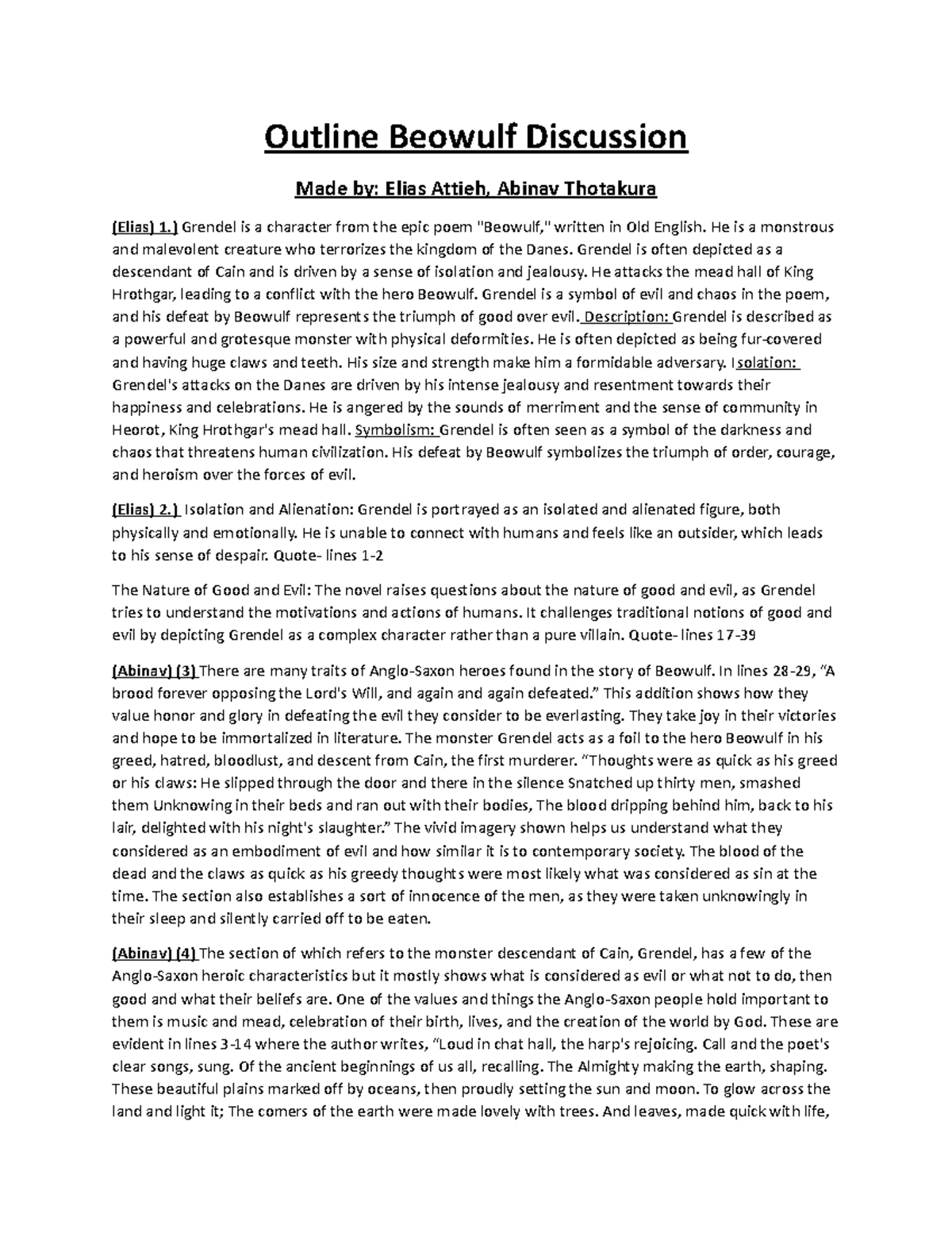 Outline Beowulf - ) Grendel is a character from the epic poem "Beowulf ...