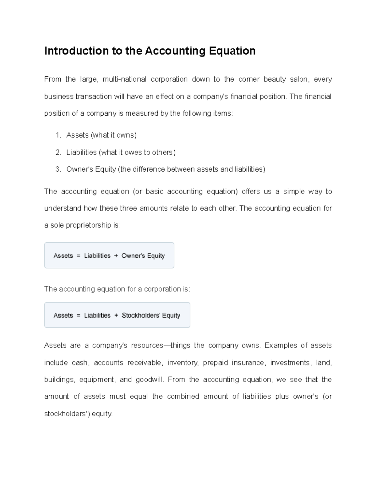 Introduction To The Accounting Equation The Financial Position Of A