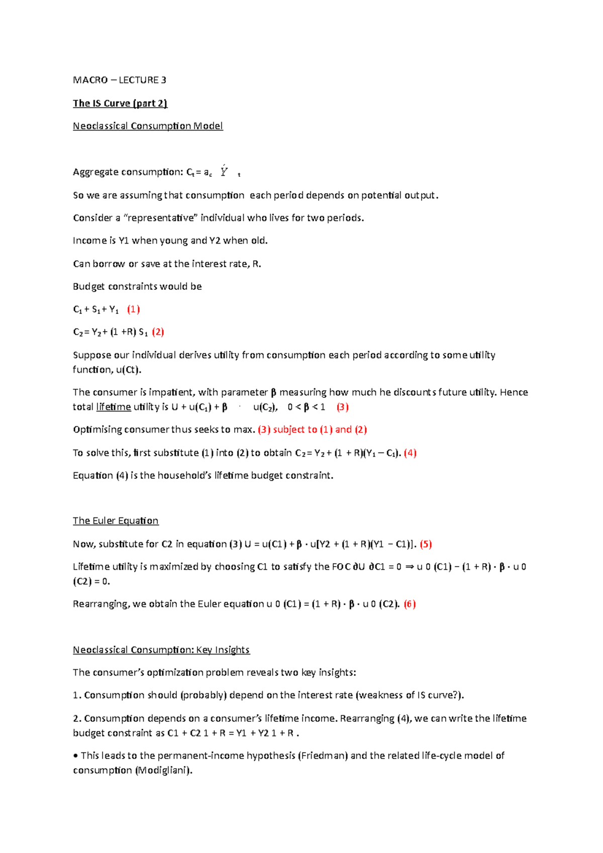 Macro Lecture 3 Brief Notes Macro Lecture 3 The Is Curve Part 2
