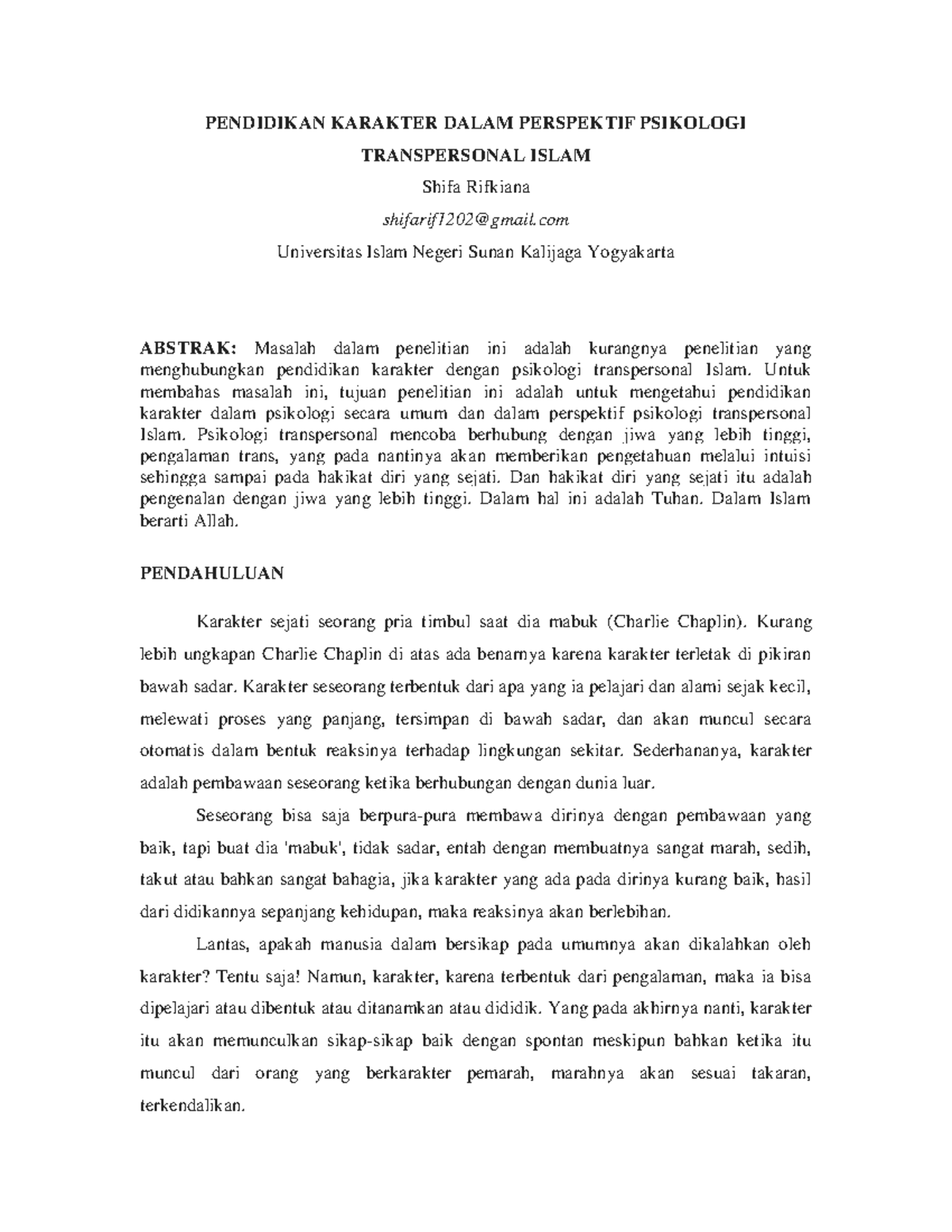 Pendidikan Karakter dalam Perspektif Psikologi Transpersonal Islam - PENDIDIKAN KARAKTER DALAM ...