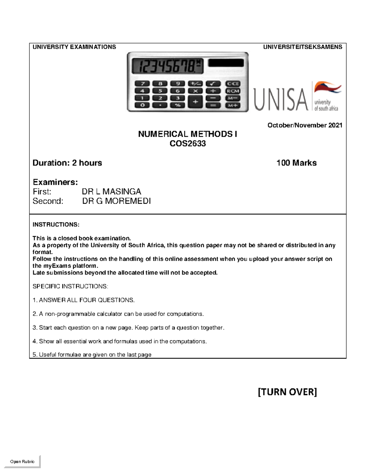 COS2633 - Numerical Methods 1 Exam Question Paper2021 November ...