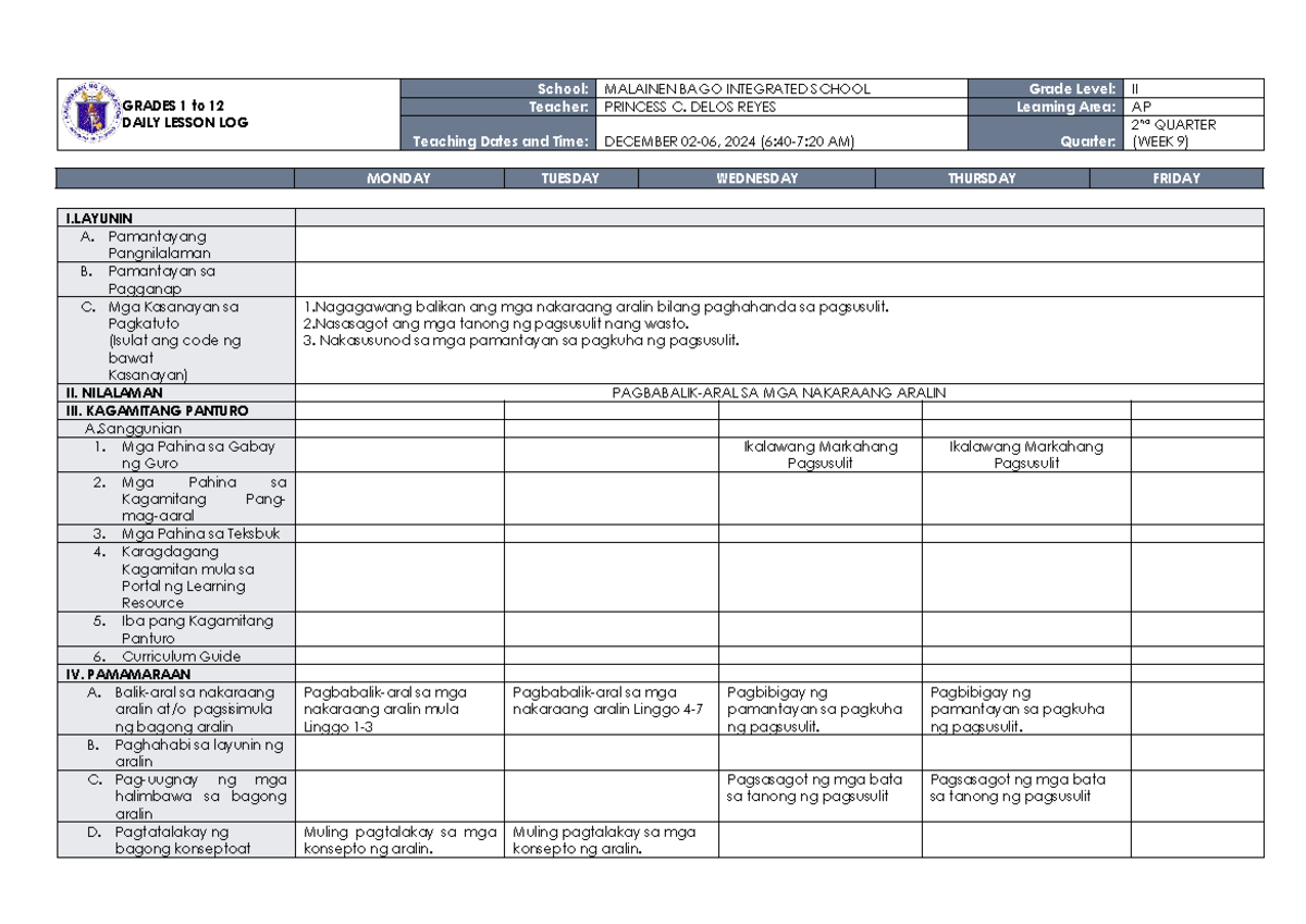 DLL-AP W9 DEC 2-6, 2024 - nabjjyfy - GRADES 1 to 12 DAILY LESSON LOG ...