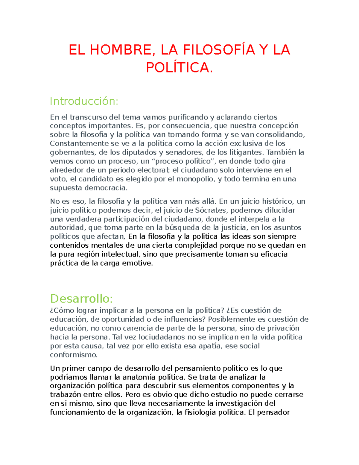 Ensayo de EL Hombre,LA Filosofía Y LA Politíca - EL HOMBRE, LA ...