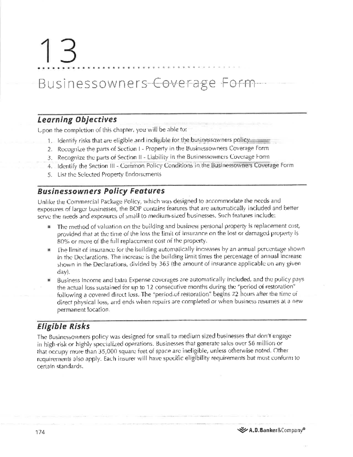 Chapter 13 Business Owners Coverage Form - FIL 250 - Studocu