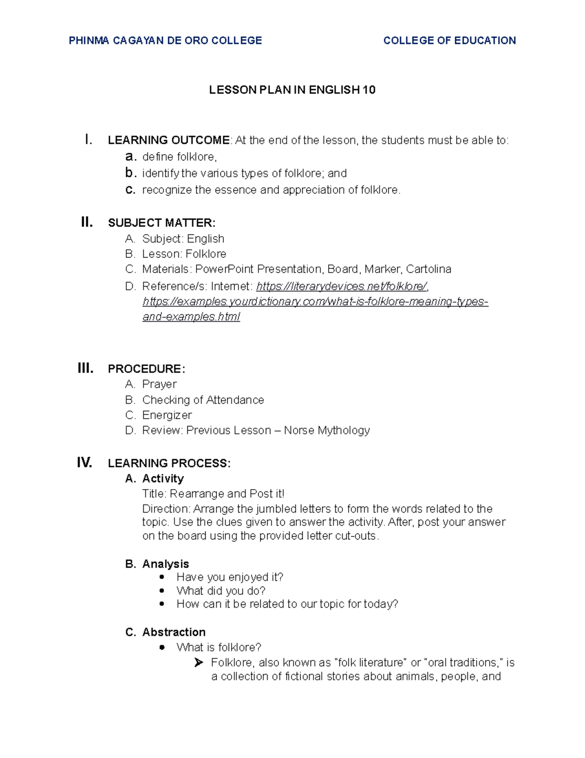 Lesson PLAN IN Mythology - LESSON PLAN IN ENGLISH 10 I. LEARNING ...