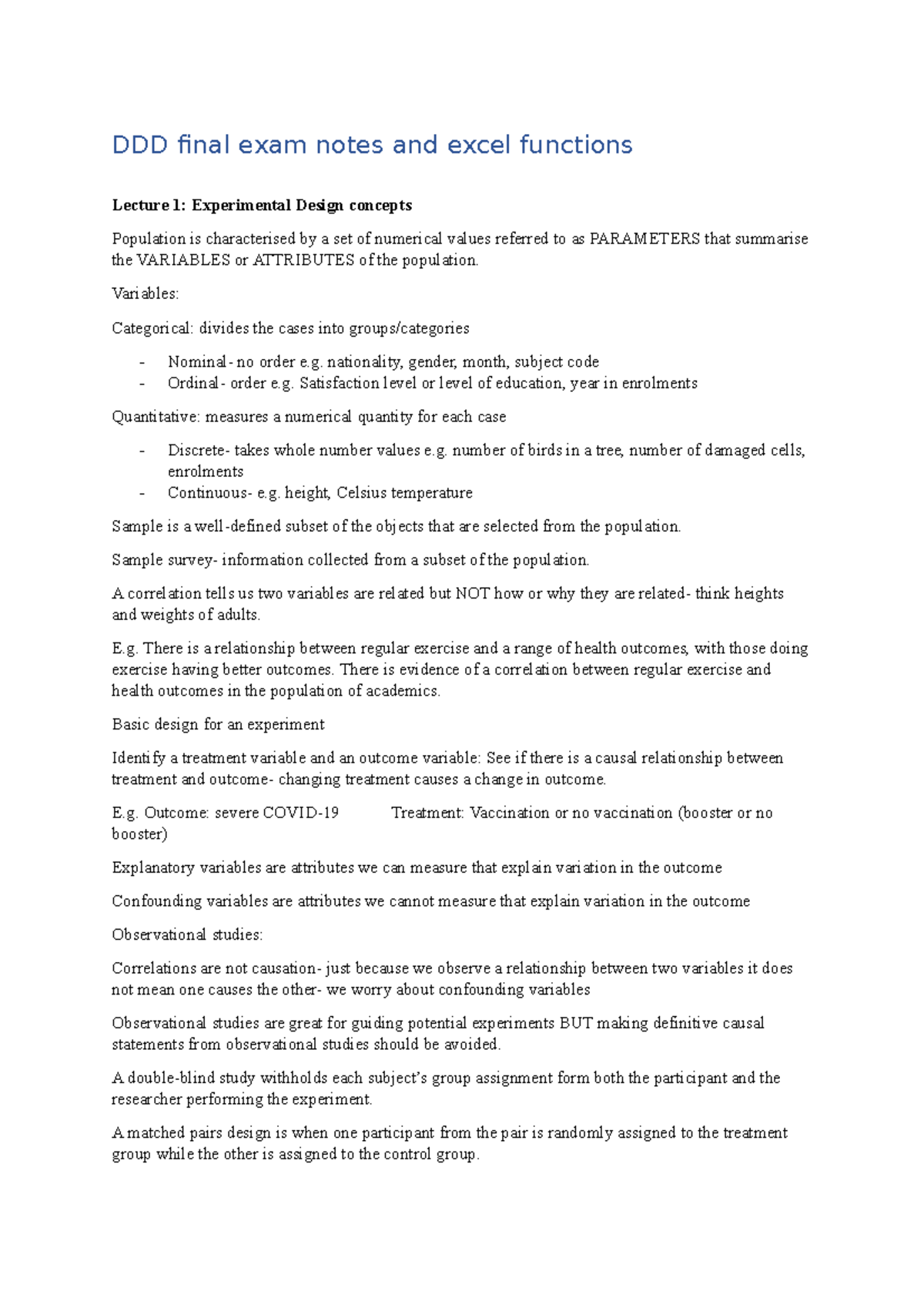 DDD final exam notes and excel functions - Variables: Categorical ...