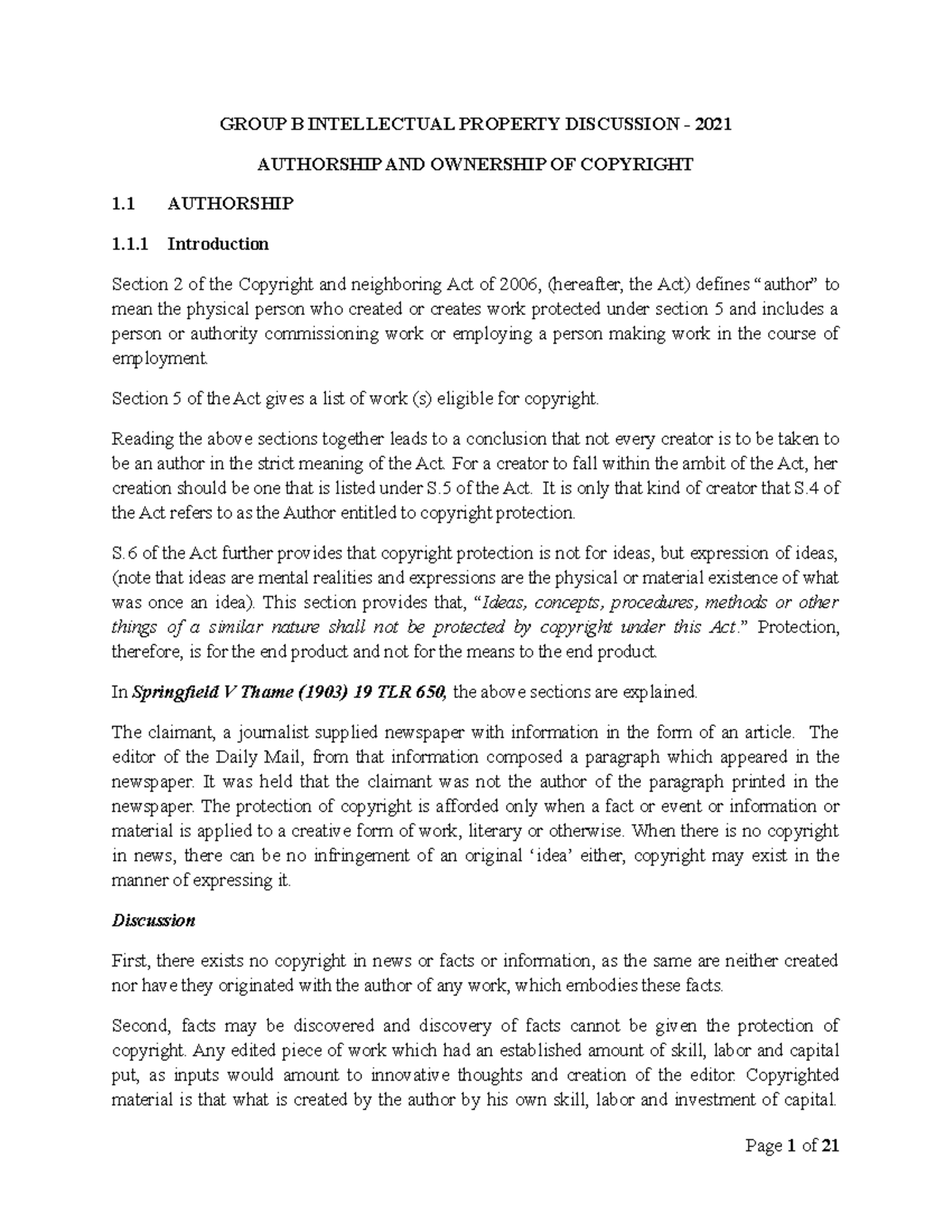 Authorship AND Ownership OF Copyright - GROUP B INTELLECTUAL PROPERTY ...