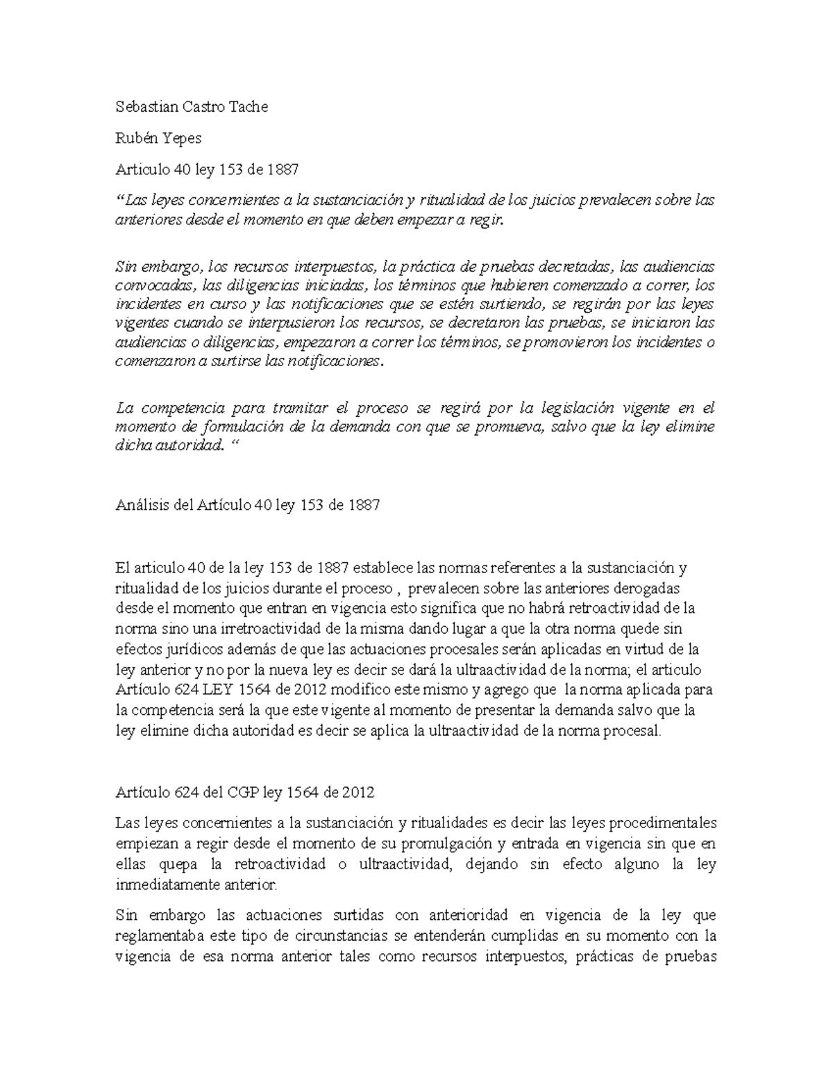Articulo 40 Ley 153 de 1987 - Sebastian Castro Tache Rubén Yepes ...