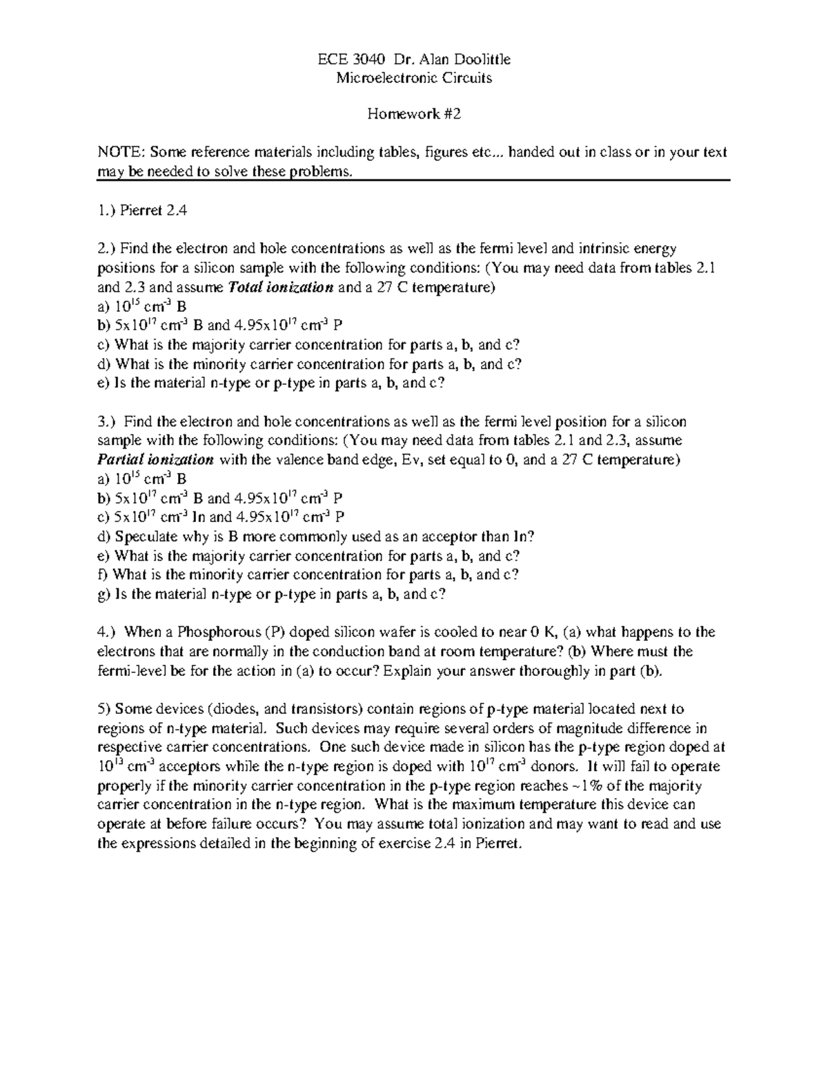 Homework 2 - Exam Practice - ECE 3040 Dr. Alan Doolittle Microelectronic Circuits Homework ...