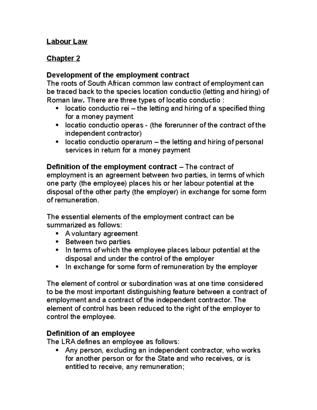 Labour law notes 3 - Labour Law Chapter 2 Development of the employment ...