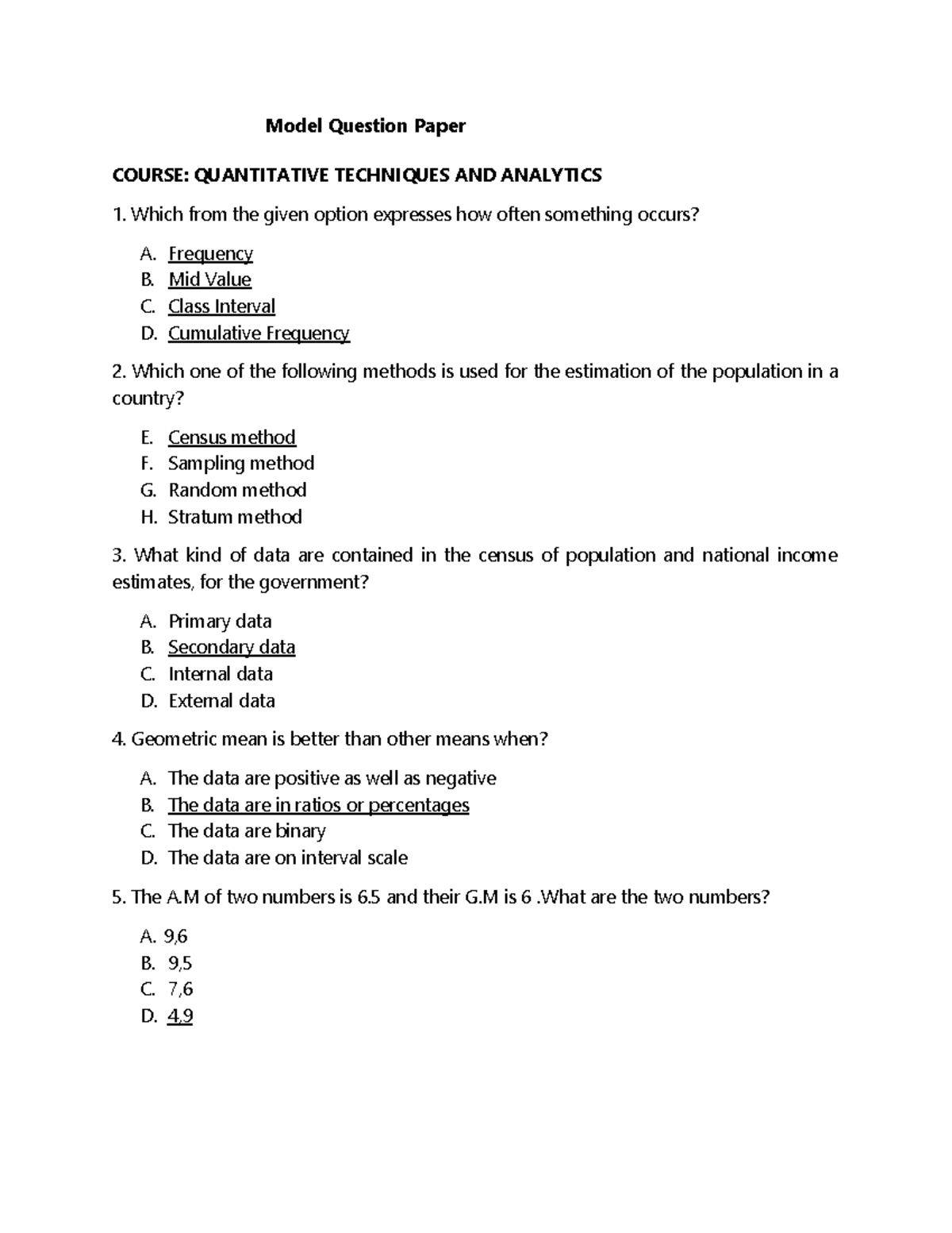 QTA Sample MCQ Ques MBA Sem 1 - Model Question Paper COURSE ...