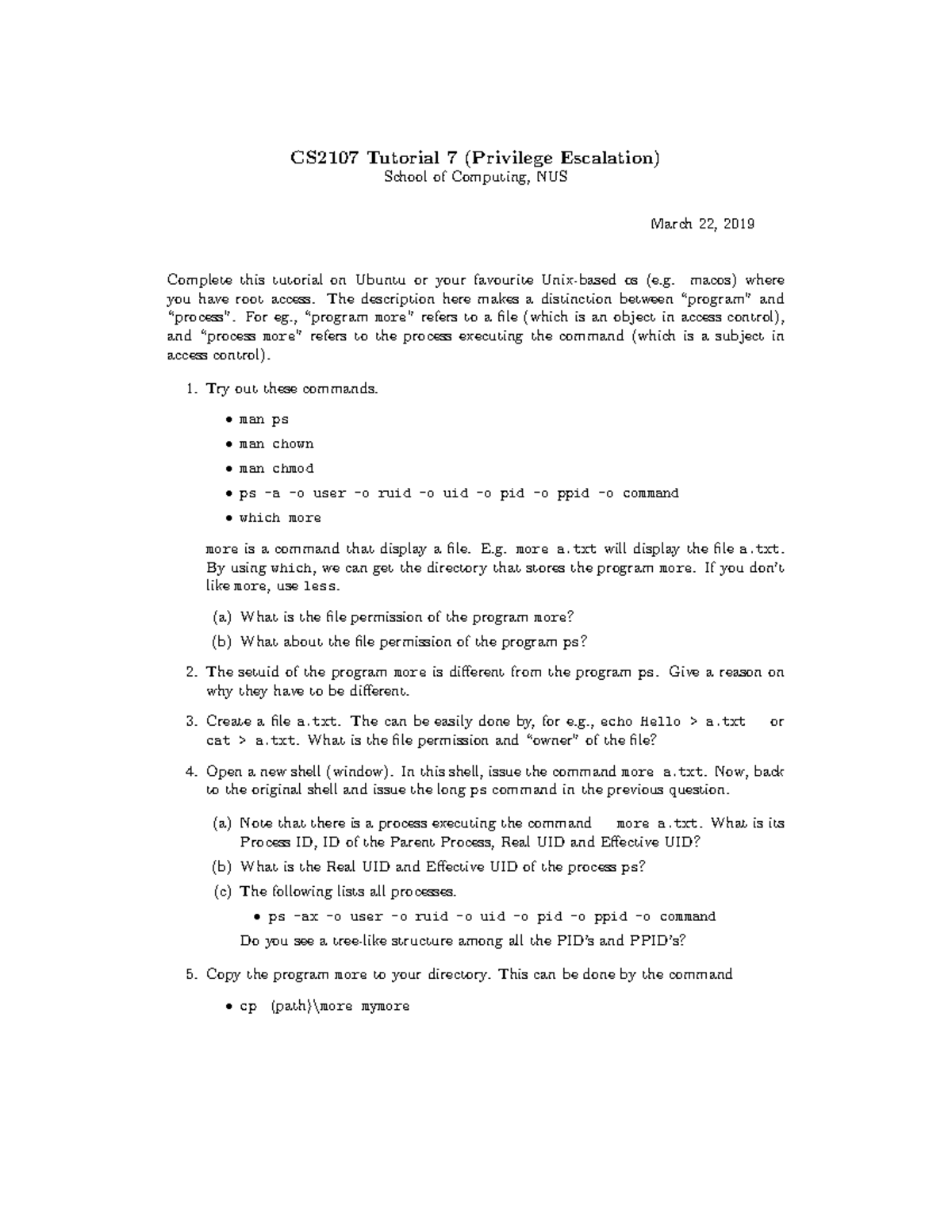 2019 tutorial 7 - CS2107 Tutorial 7 (Privilege Escalation) School of Computing, NUS March 22 ...