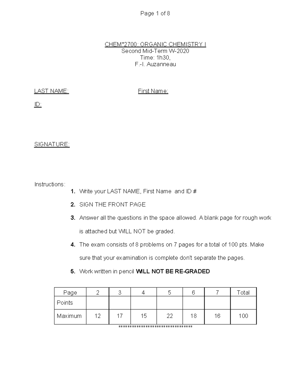 Midterm #2 Practice Exam - CHEM*2700: ORGANIC CHEMISTRY I Second Mid ...