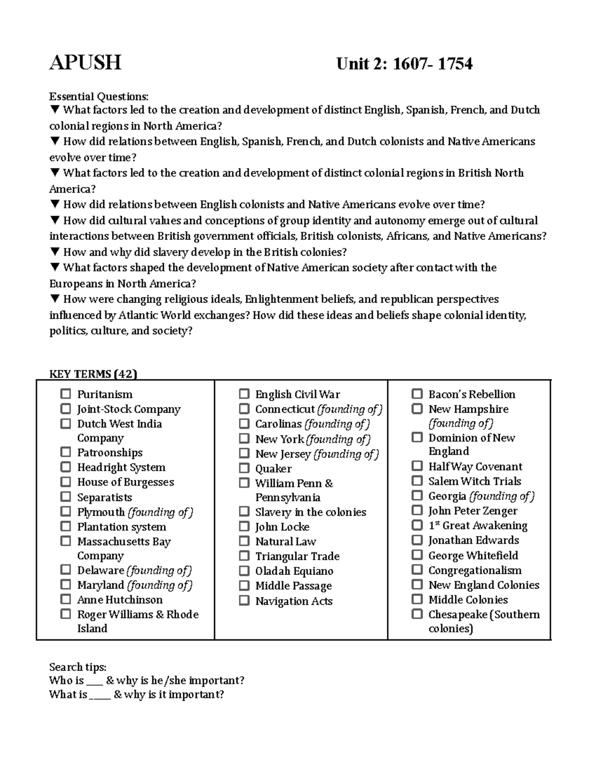 UNIT 2 KEY Terms - practice - APUSH Unit 2: 1607- 1754 Essential ...