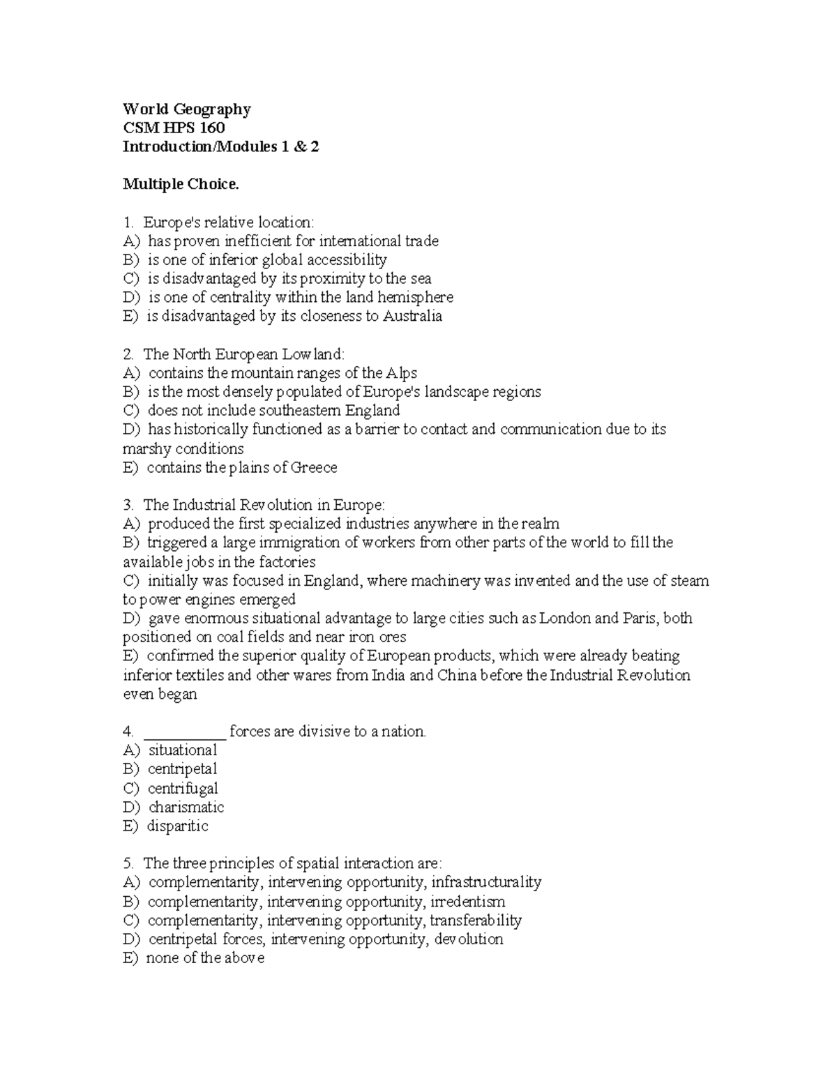 World Geograph 160 Test1 - World Geography CSM HPS 160 Introduction ...
