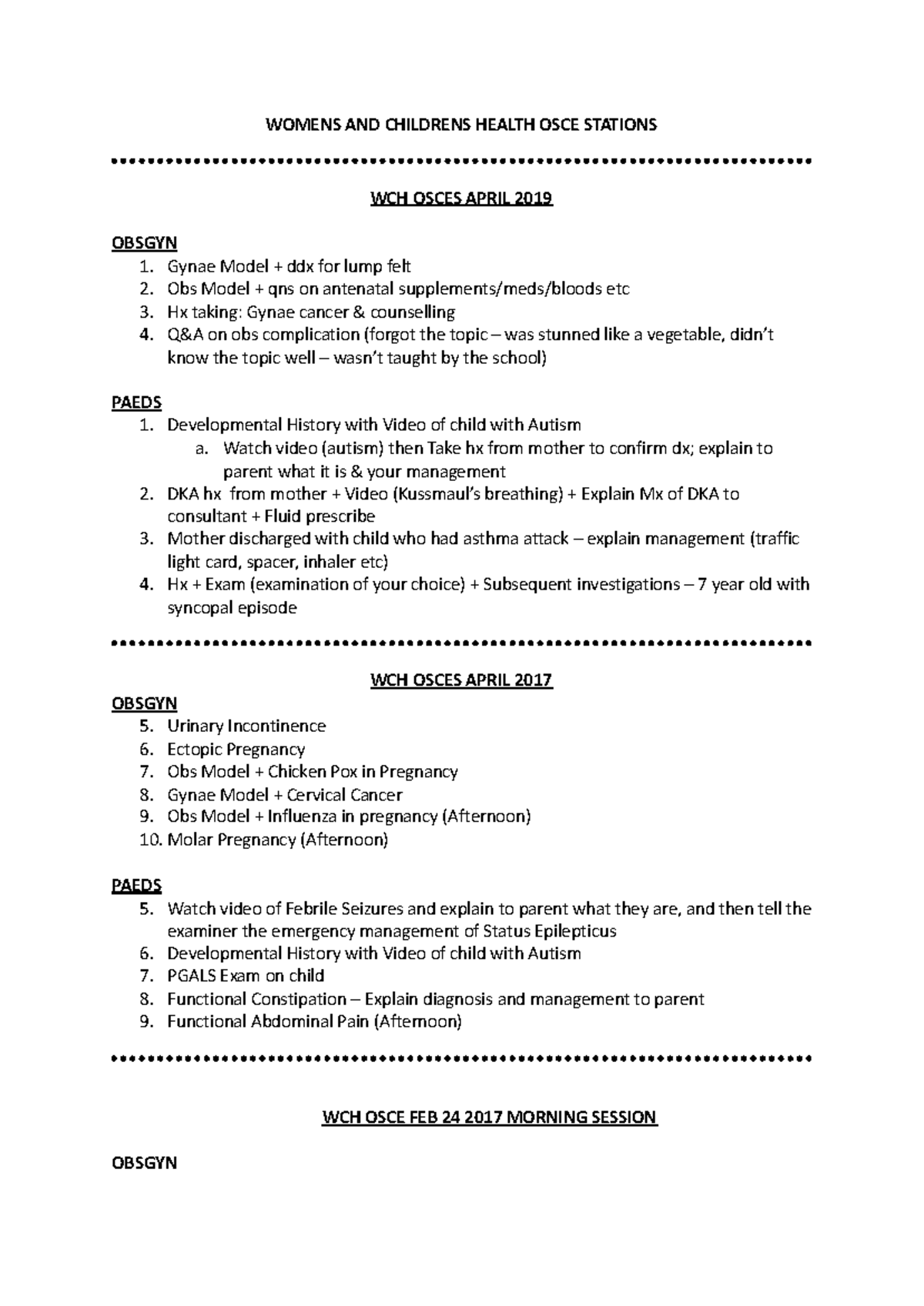 WCH Past OSCE Stations - WOMENS AND CHILDRENS HEALTH OSCE STATIONS WCH ...