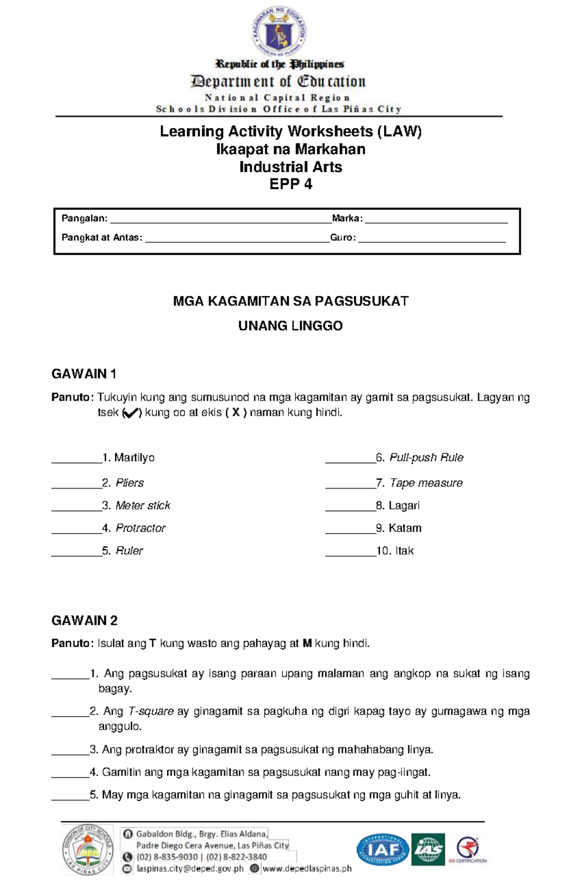 WEEK 1- EPP 4 - LAW-Q4-IA - Learning Activity Worksheets (LAW) Ikaapat ...