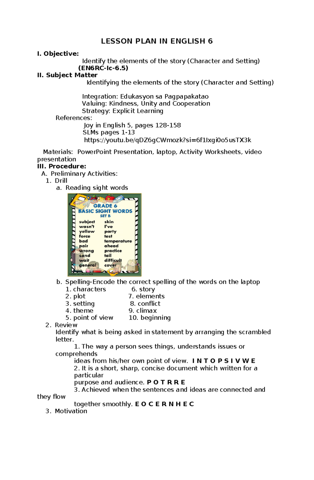 LP-6-Identifying characters and setting - LESSON PLAN IN ENGLISH 6 I ...