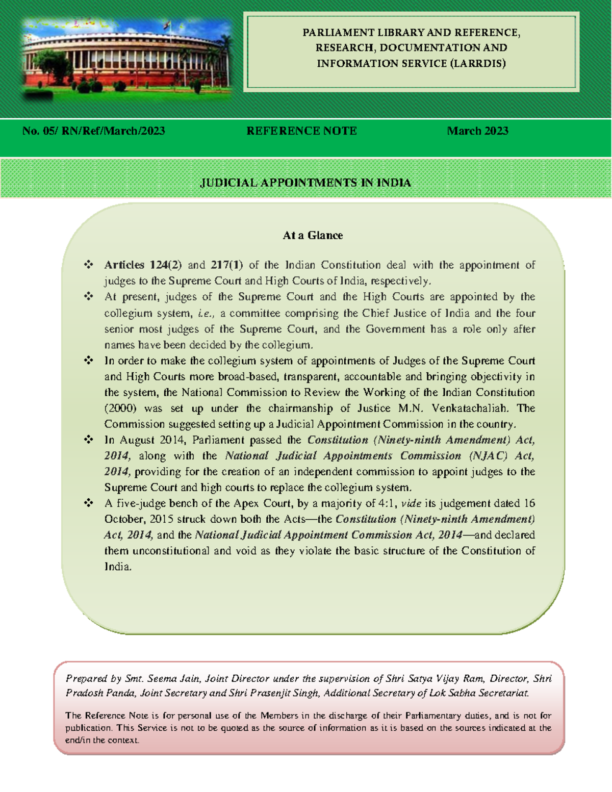 Appointment of judges - constitutional law notes - No. 05/ RN/Ref/March ...