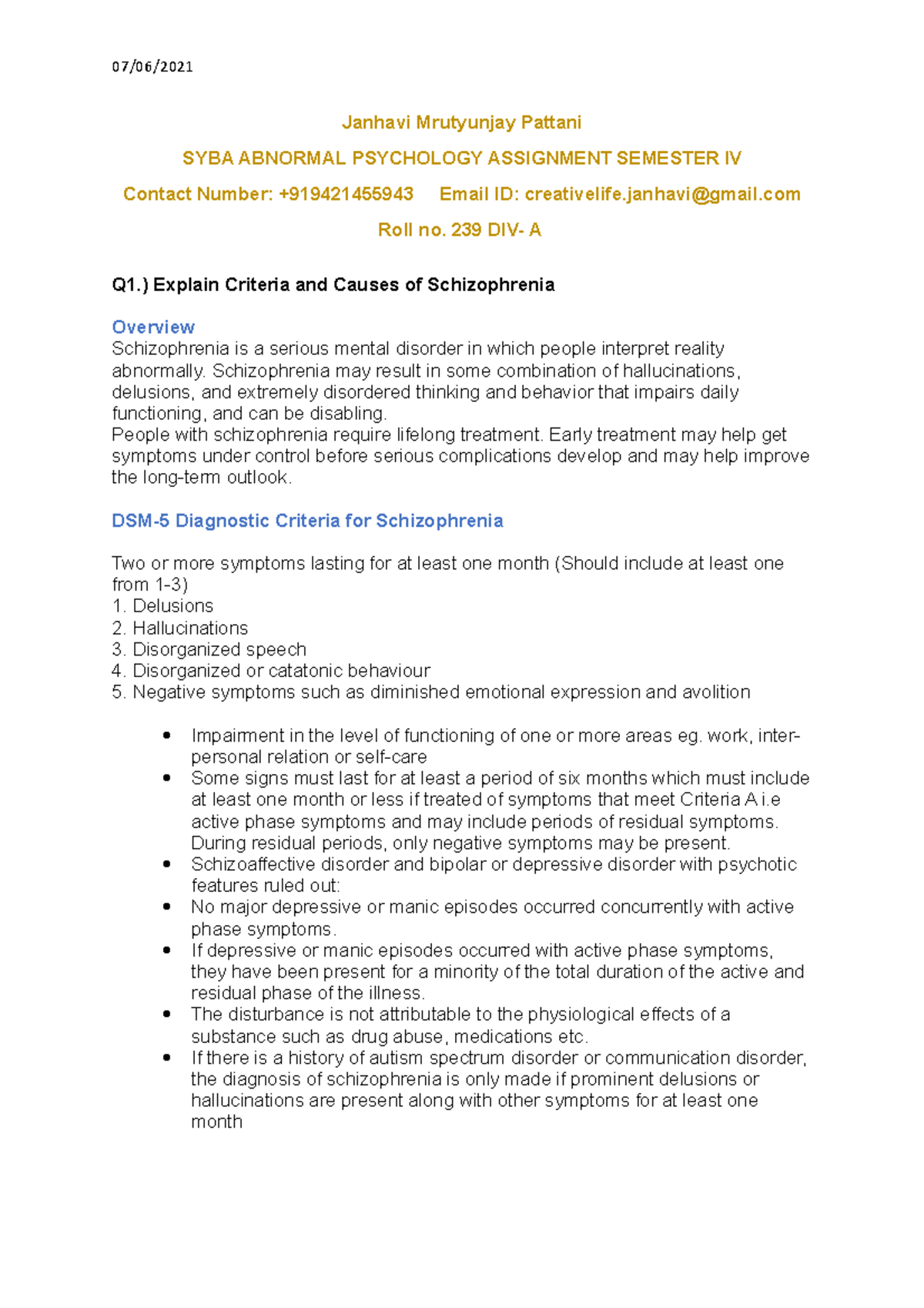 Abnormal Psychology SEM IV Assignment - Janhavi Mrutyunjay Pattani SYBA ...