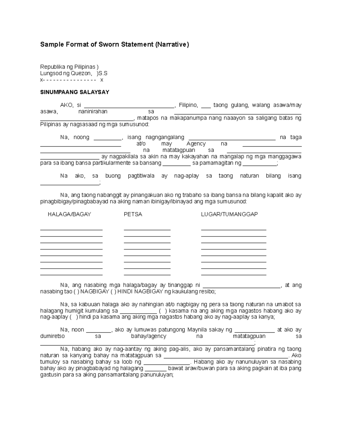 Sample Format of Sworn Statement (Narrative) - Sample Format of Sworn ...