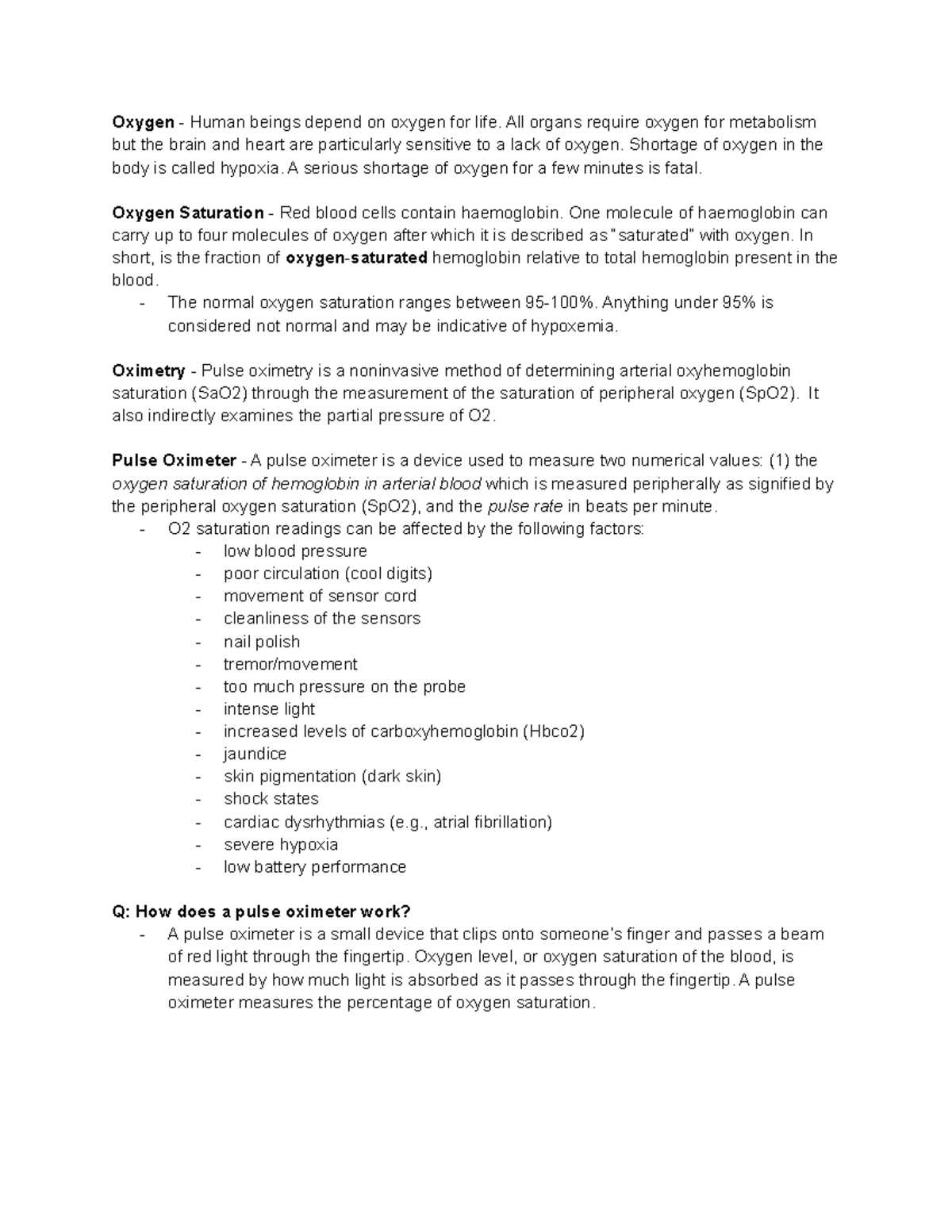 O2 sat & temp - Summary of things to know regarding o2 stat and ...