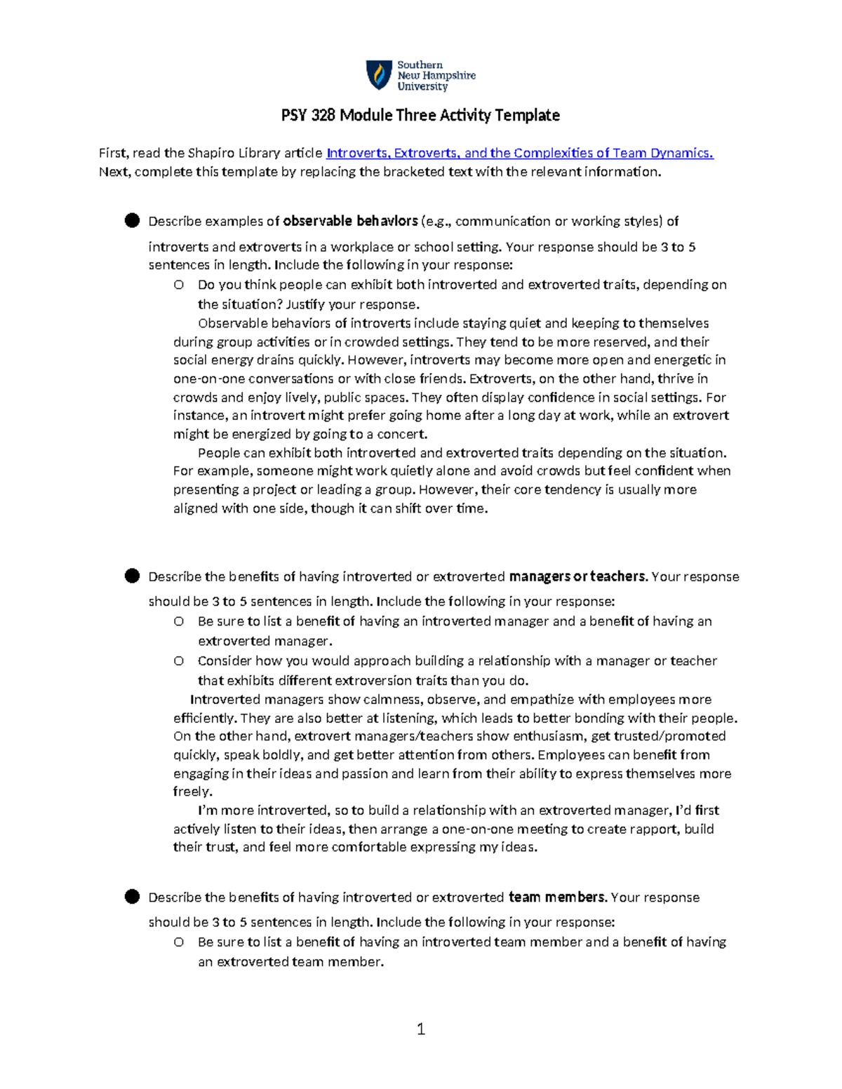 PSY 328 Module Three Activity - Next, complete this template by replacing the bracketed text ...