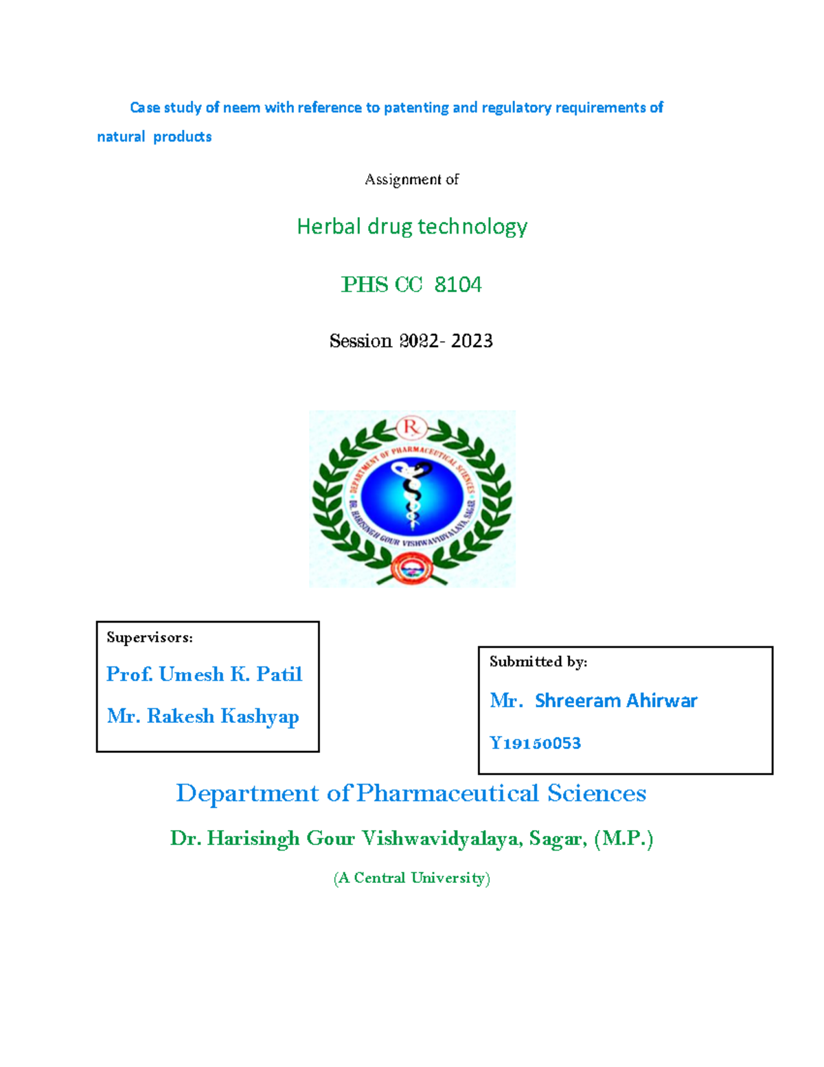 Front page format for assignment - VIII Sem Pharmacognosy - Bachlor of ...