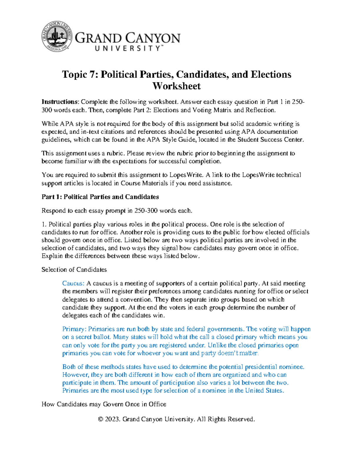 GOV-140 Political Parties Candidates and Elections Worksheet - © 20 23 ...