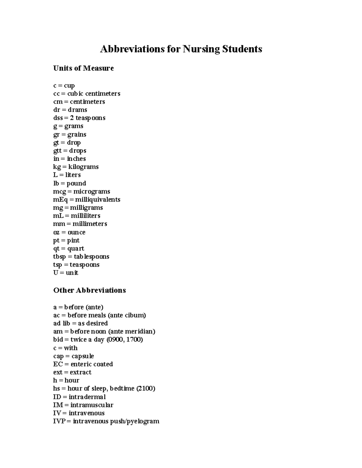 Abbreviations for Nursing Students - .) q6h = every 6 hours (2400, 0600 ...