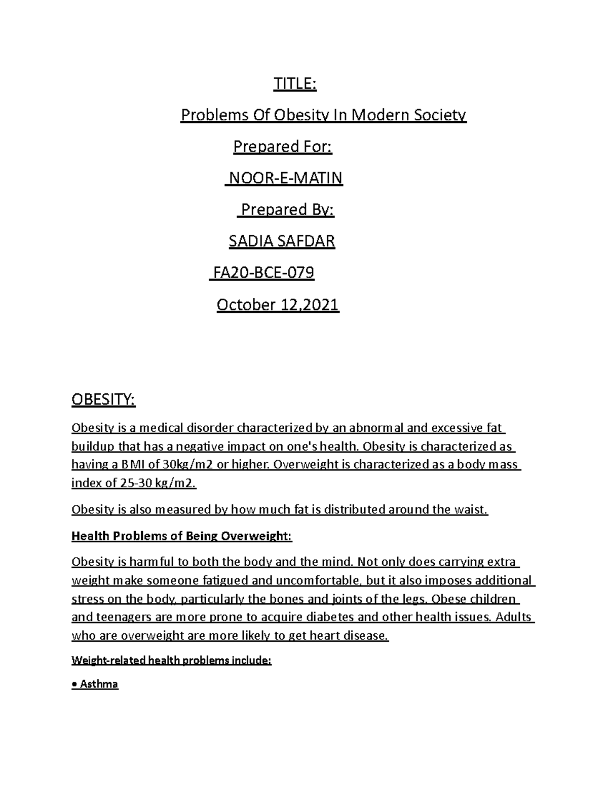 Obesity( Assignment 1 ) - Report Writing Skills - CUI - Studocu