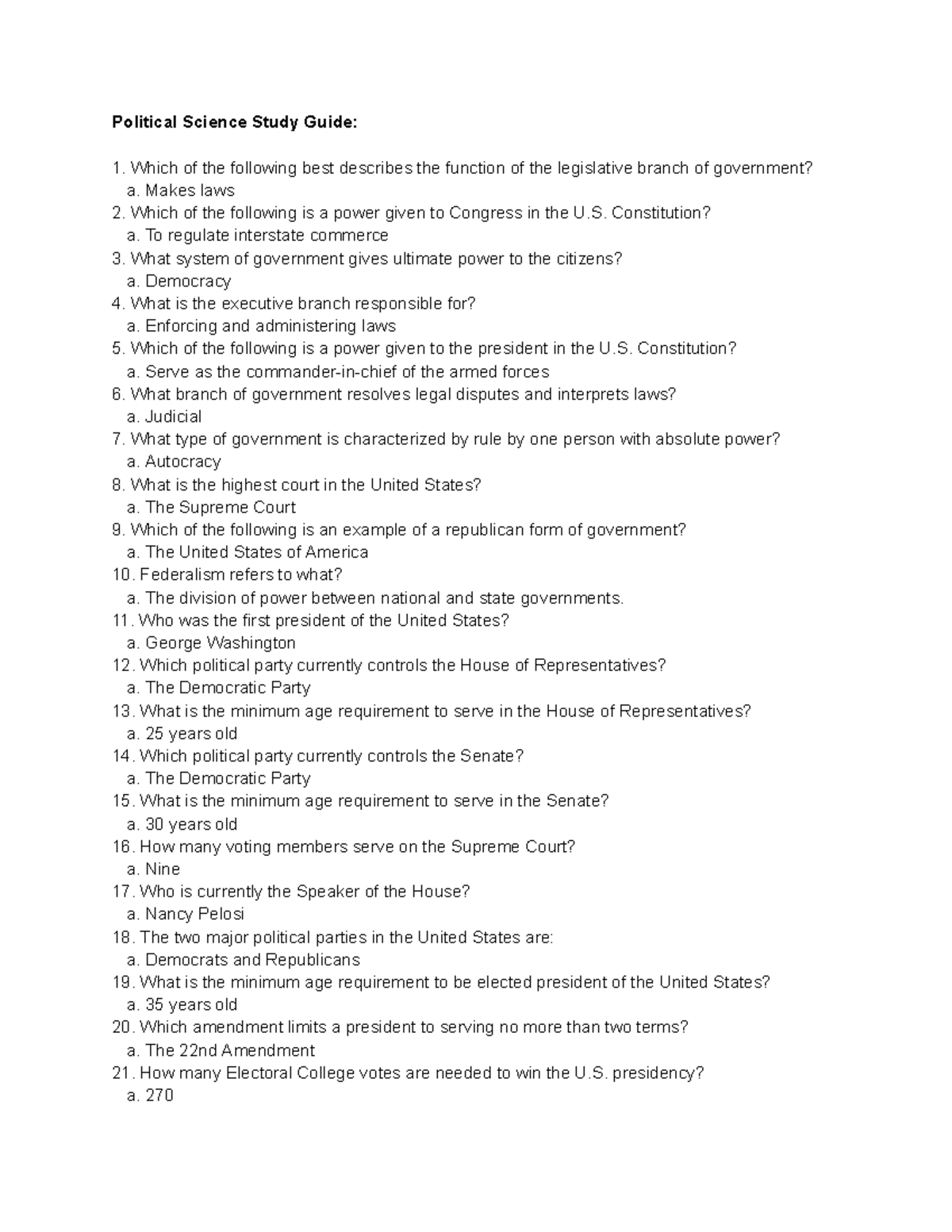 Political Science Study Guide - Political Science Study Guide: Which of ...