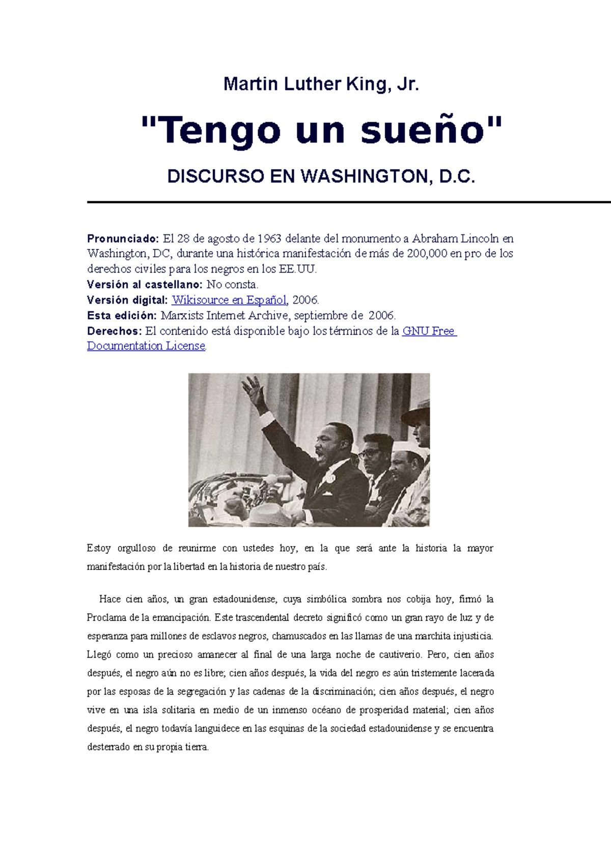 Discurso de martin - Martin Luther King, Jr. "Tengo un sueño" DISCURSO ...