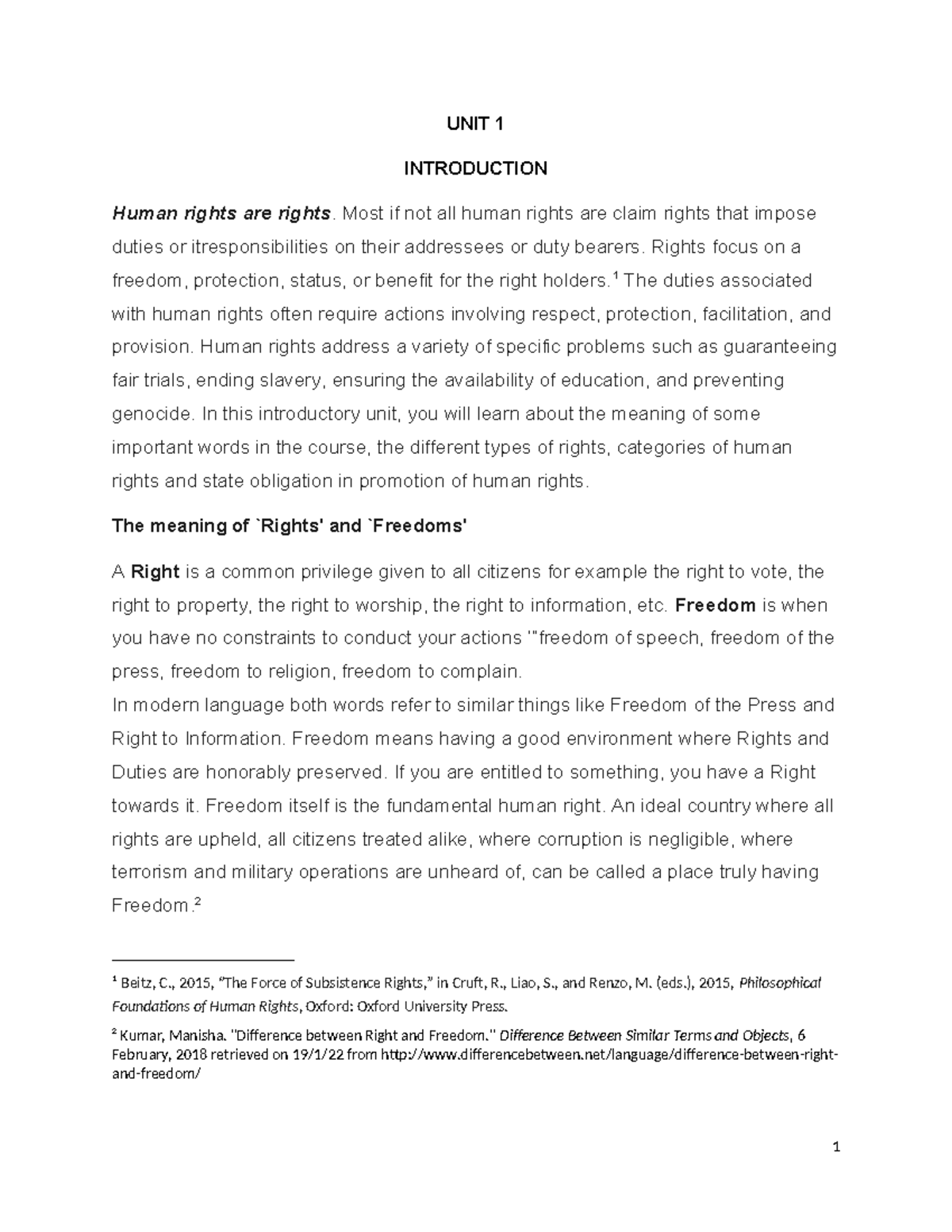UNIT 1 notes - Unit 1 - UNIT 1 INTRODUCTION Human rights are rights ...