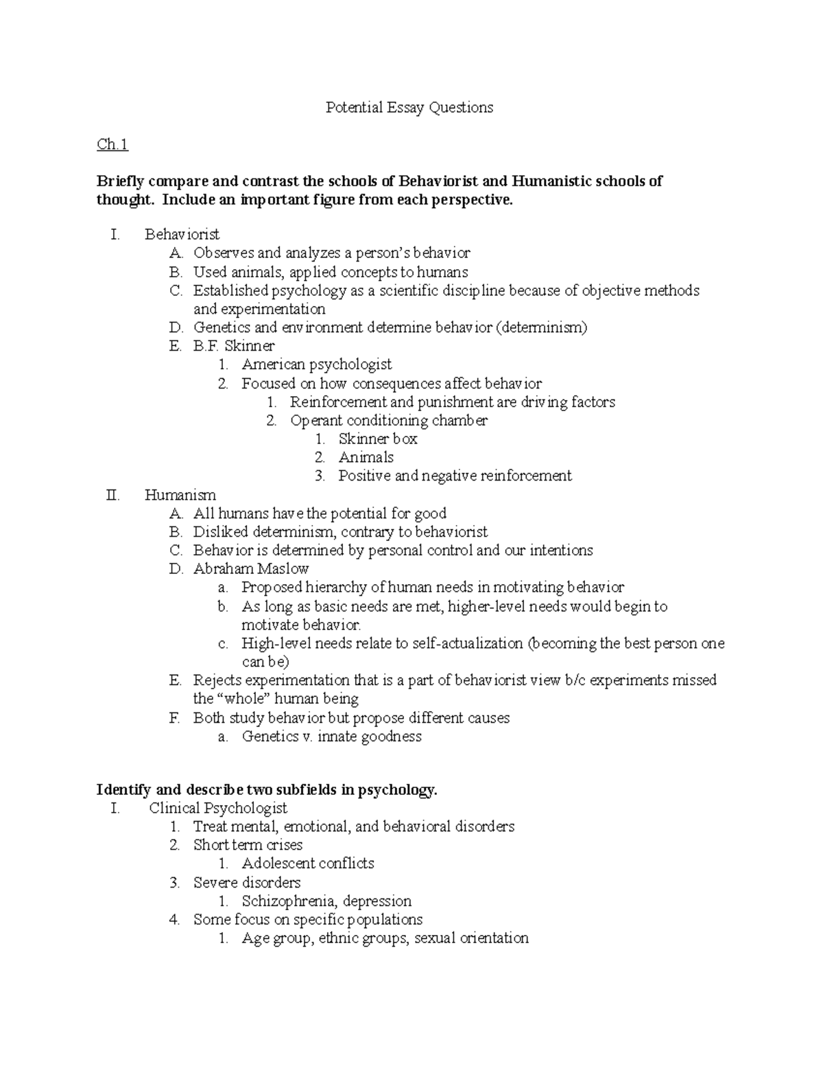 Exam 1 Potential Essay Questions Outline - Potential Essay Questions Ch ...