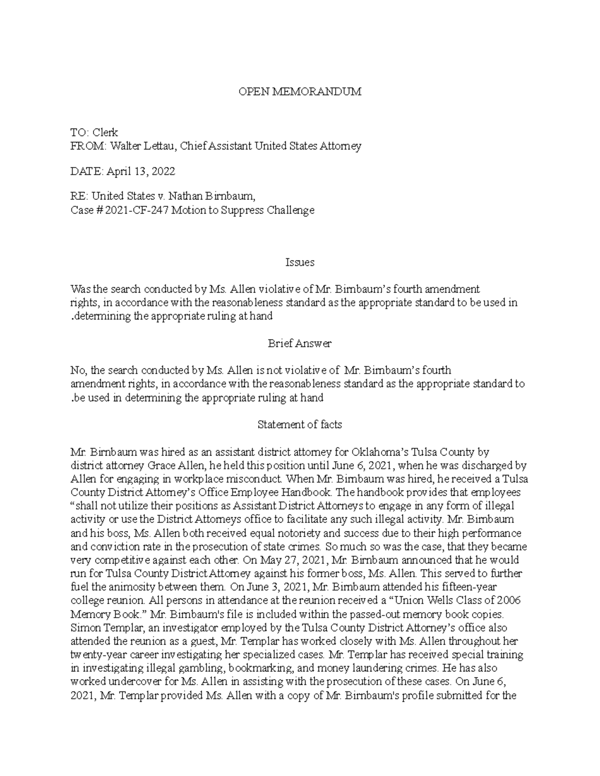 Open Memorandum LRW - OPEN MEMORANDUM TO: Clerk FROM: Walter Lettau ...