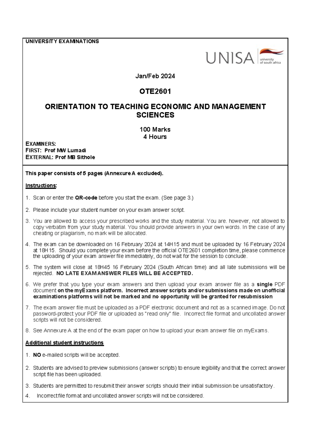 OTE2601 SUP EXAM 16 FEB 2024 - UNIVERSITY EXAMINATIONS Jan/Feb 2024 OTE ...