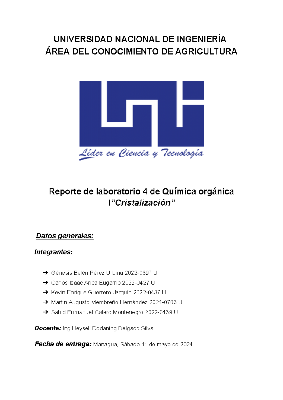 Reporte De Laboratorio 4 Quimica Orgánica I Universidad Nacional De