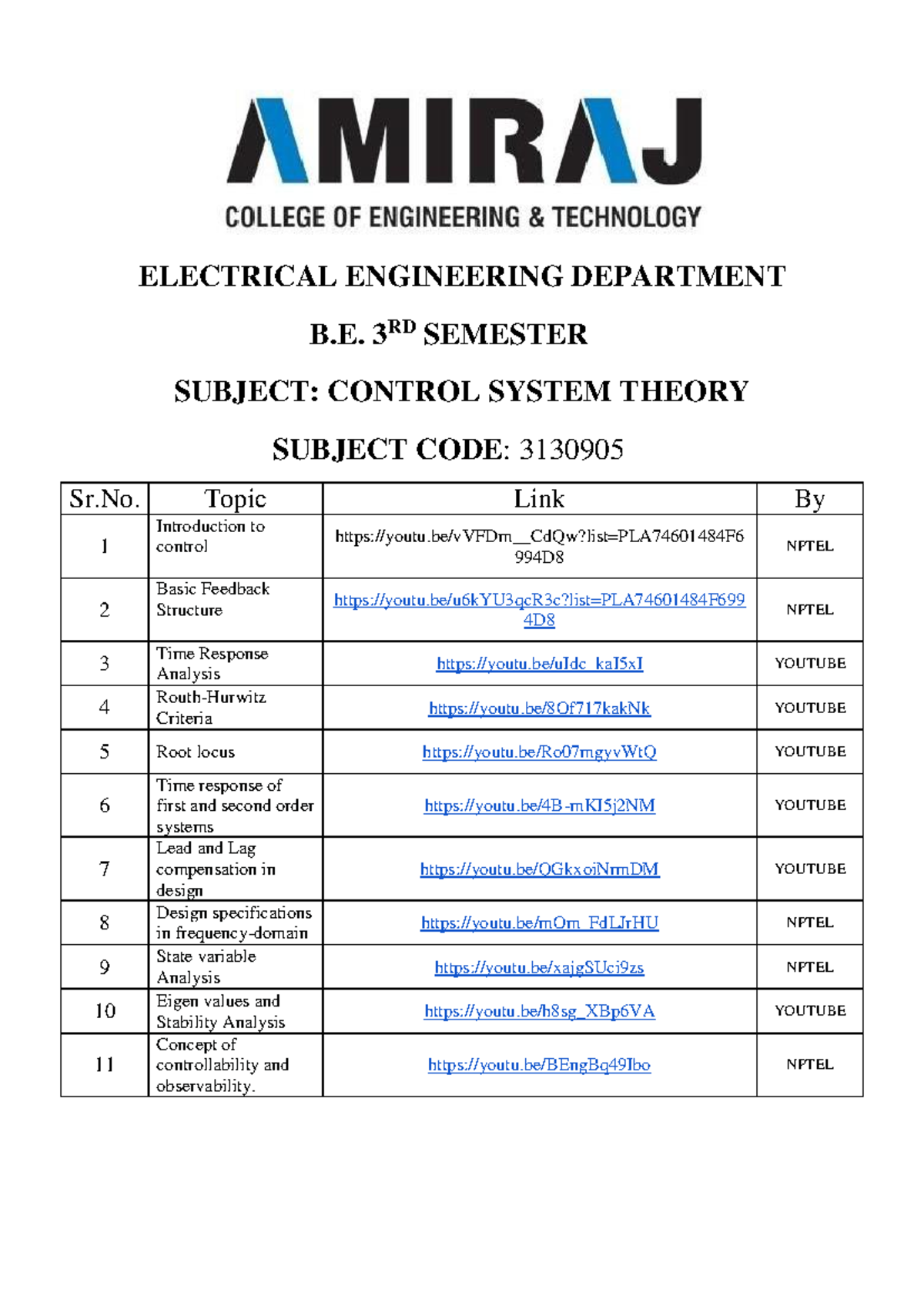 3130905 video link of control system theory - ELECTRICAL ENGINEERING ...
