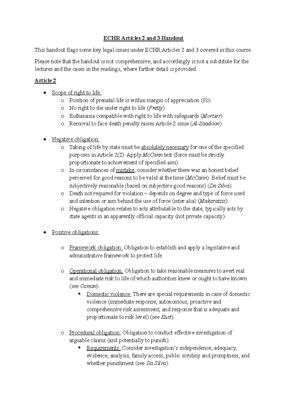 Articles 2 and 3 Handout - ECHR Articles 2 and 3 Handout This handout ...