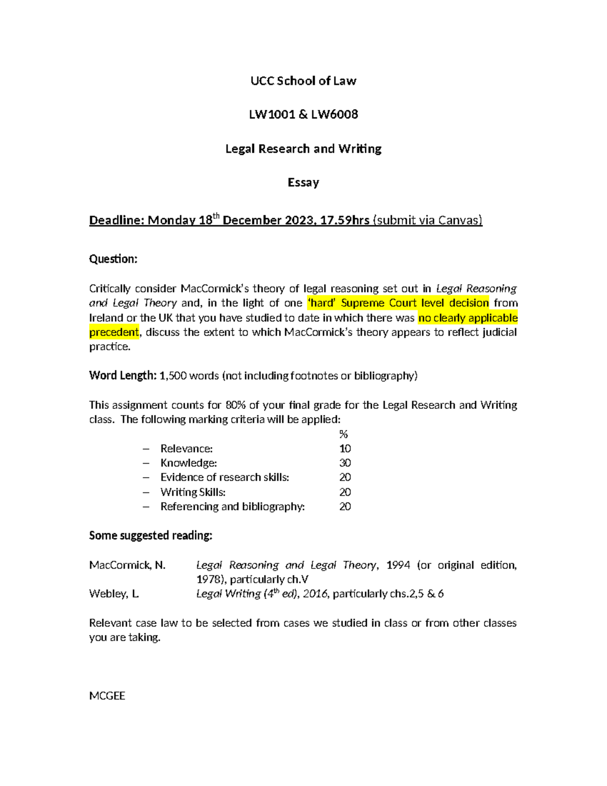 Essay 2023-24 LW1001 LW6008 - UCC School of Law LW1001 & LW Legal ...