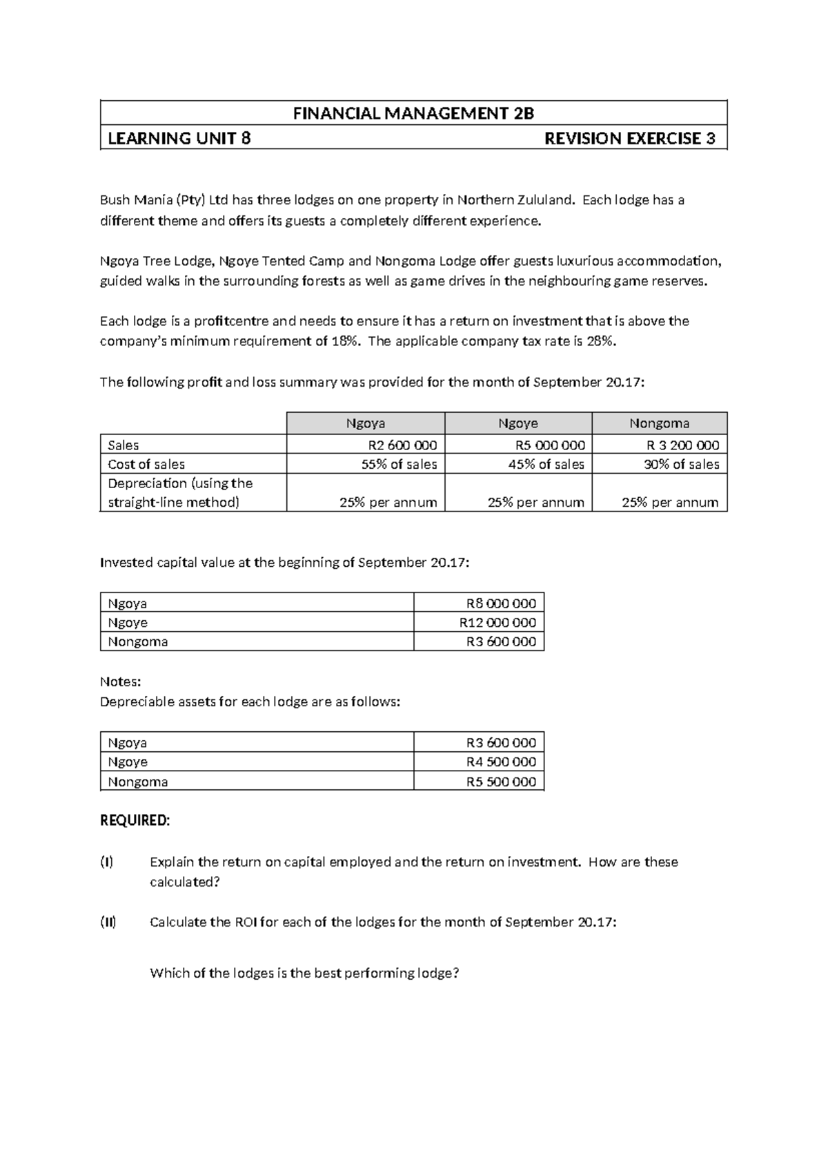 FINM2B LU 8 REV EX 3 - FINANCIAL MANAGEMENT 2B LEARNING UNIT 8 REVISION ...