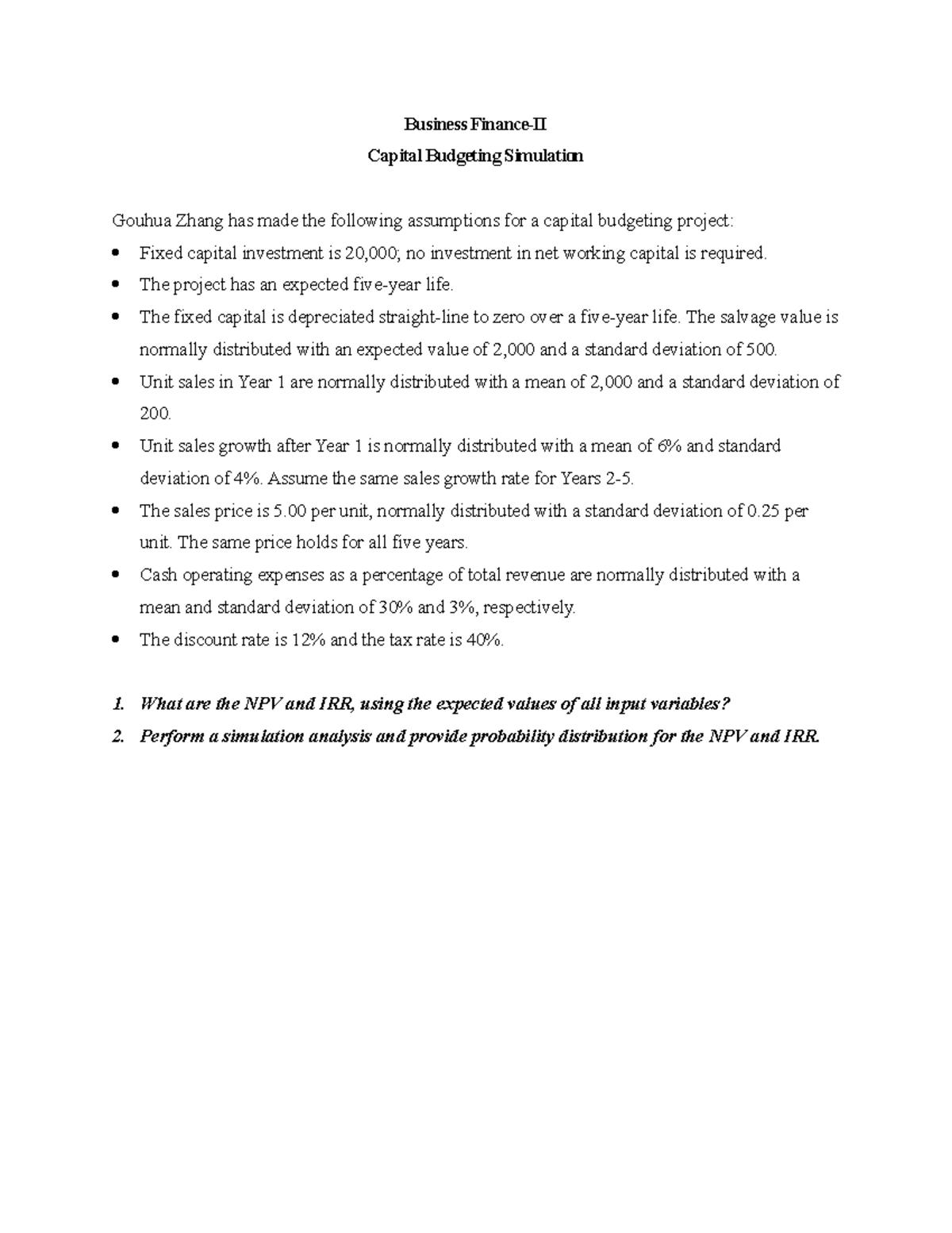 Capital Budgeting Simulation - Business Finance-II Capital Budgeting ...