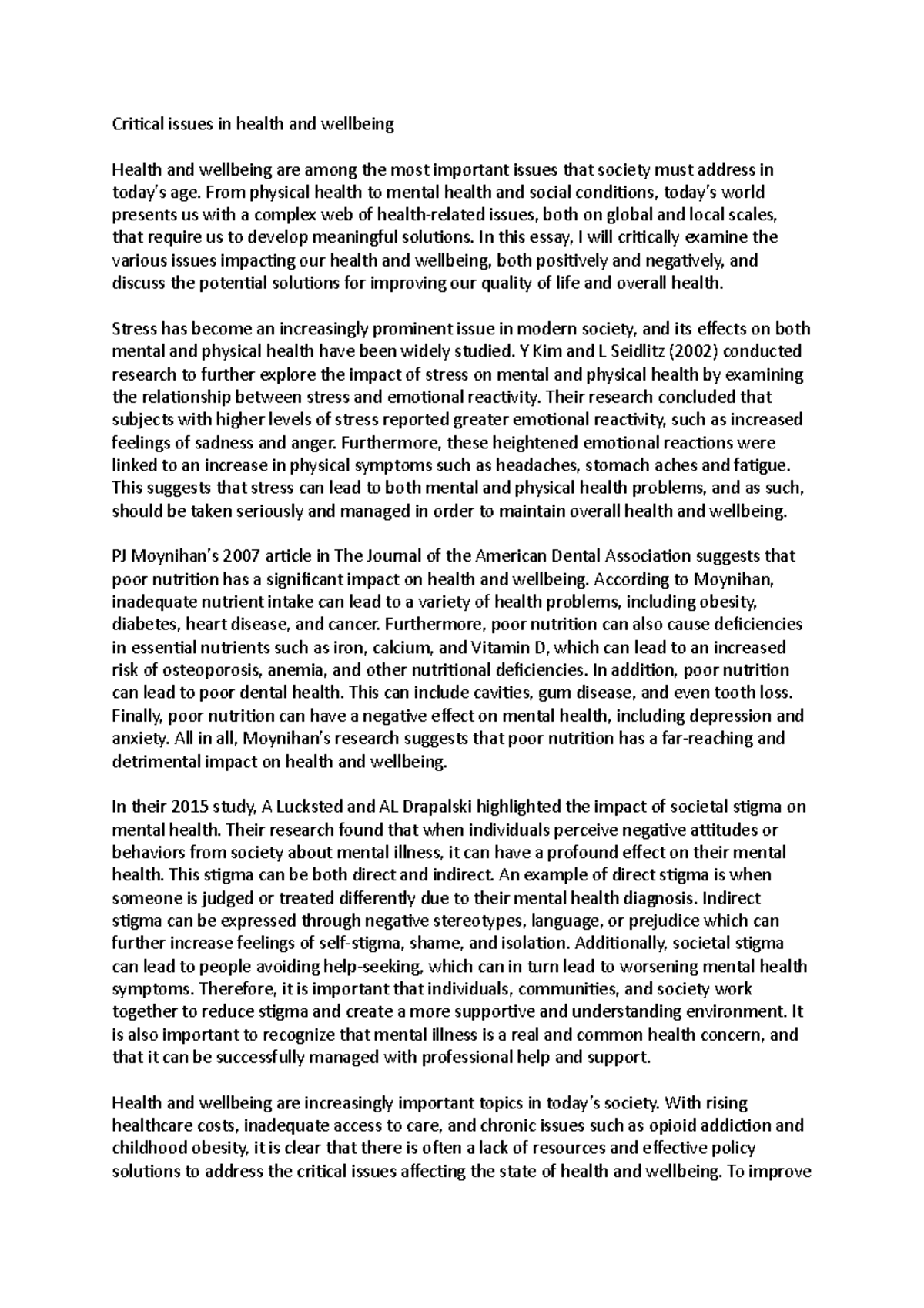 Critical issues in health and wellbeing - From physical health to ...